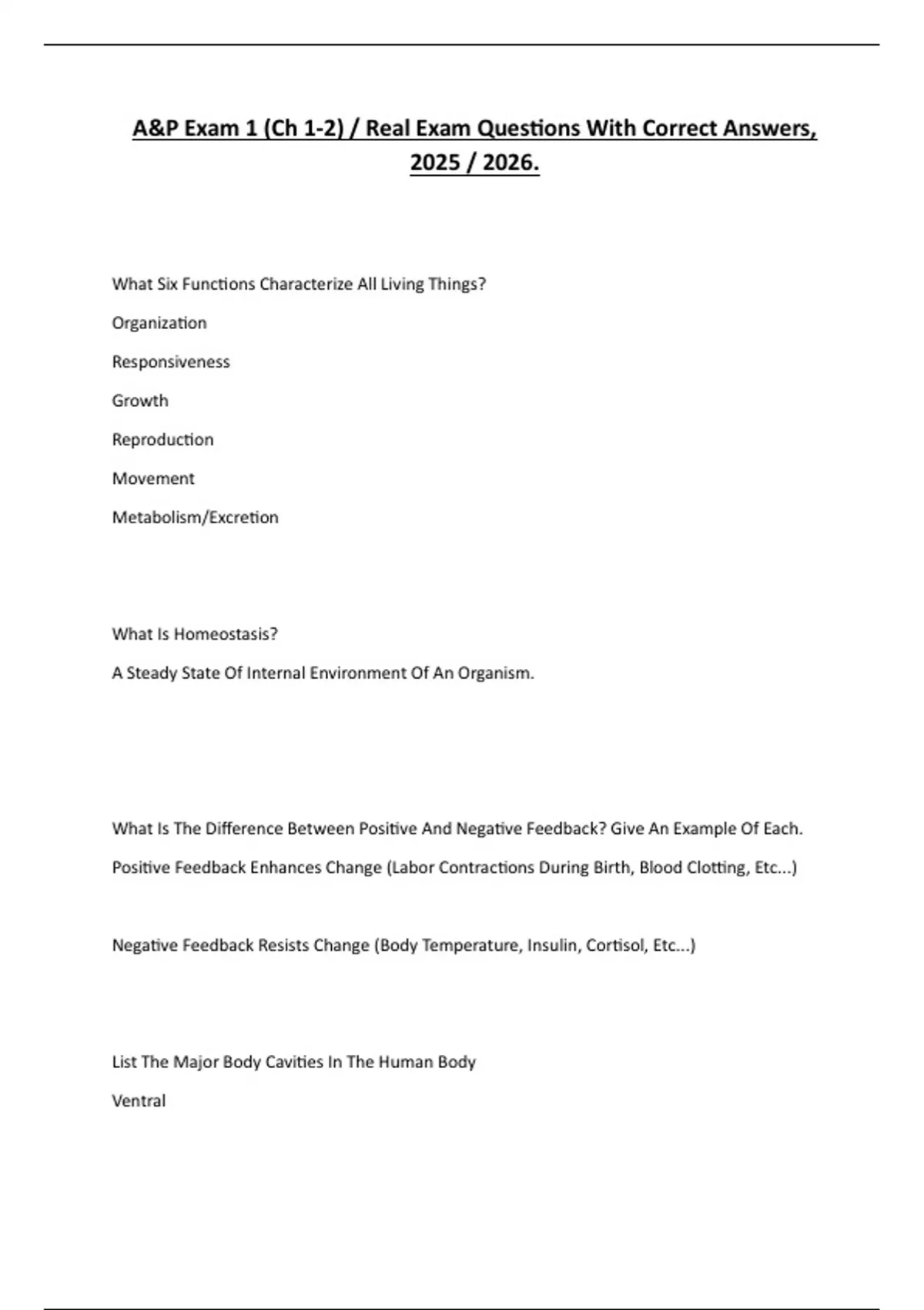 Anatomy and Physiology – Exam 1 Review Questions (Chapters 1–4, 2025 ...
