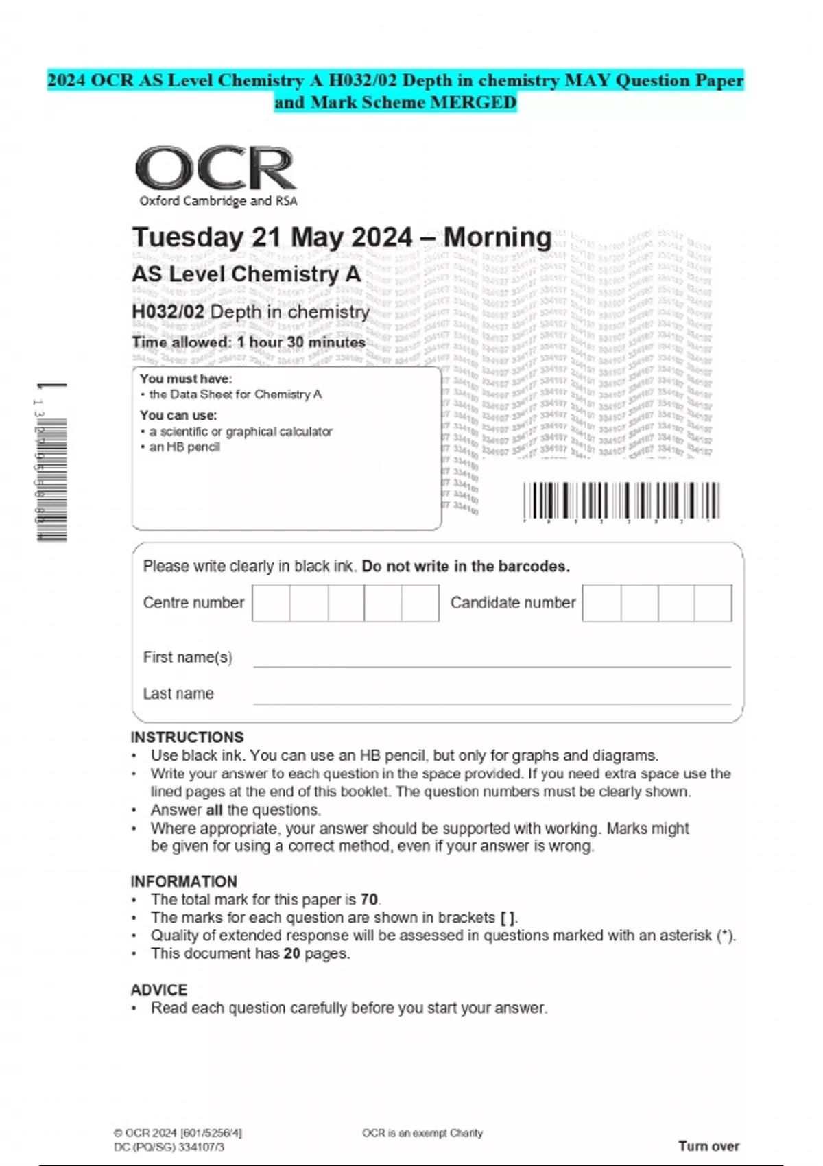 2024 OCR AS Level Chemistry A H032/02 Depth in chemistry MAY Question ...