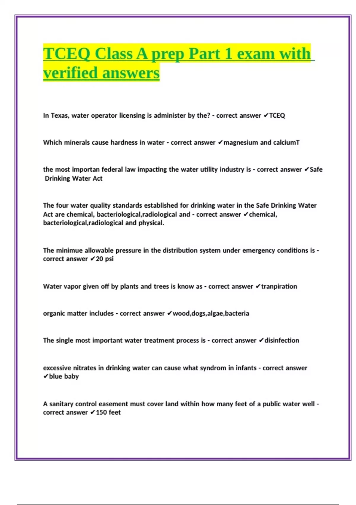 TCEQ Class A prep Part 1 exam (109 questions) with verified answers ...