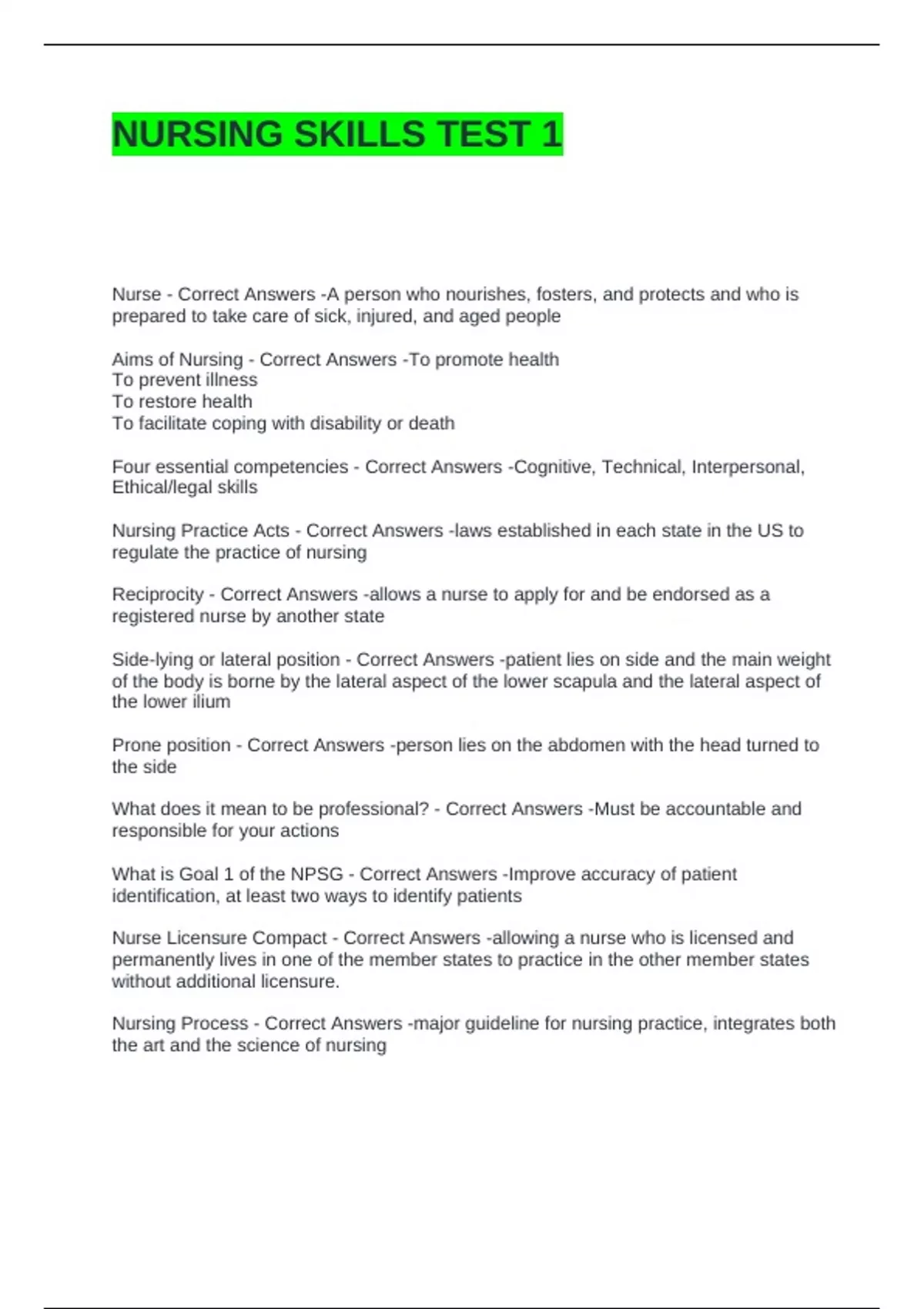 NURSING SKILLS TEST 1 WITH VERIFIED ANSWERS - Nursing Skills - Stuvia US