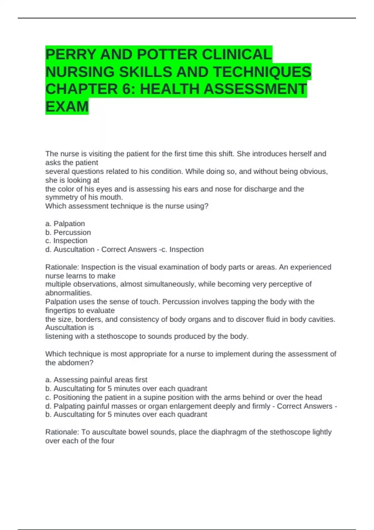 PERRY AND POTTER CLINICAL NURSING SKILLS AND TECHNIQUES CHAPTER 6 ...