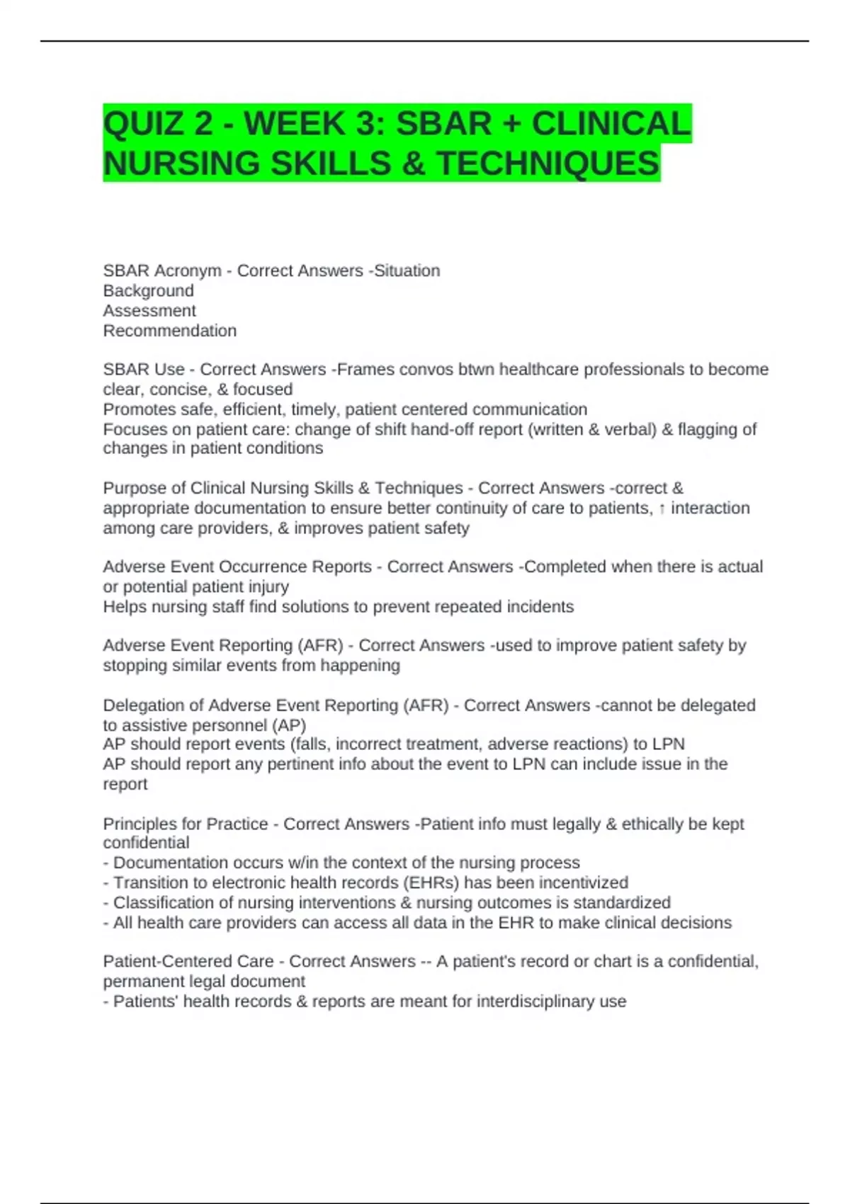 QUIZ 2 - WEEK 3 SBAR + CLINICAL NURSING SKILLS & TECHNIQUES - WITH ...