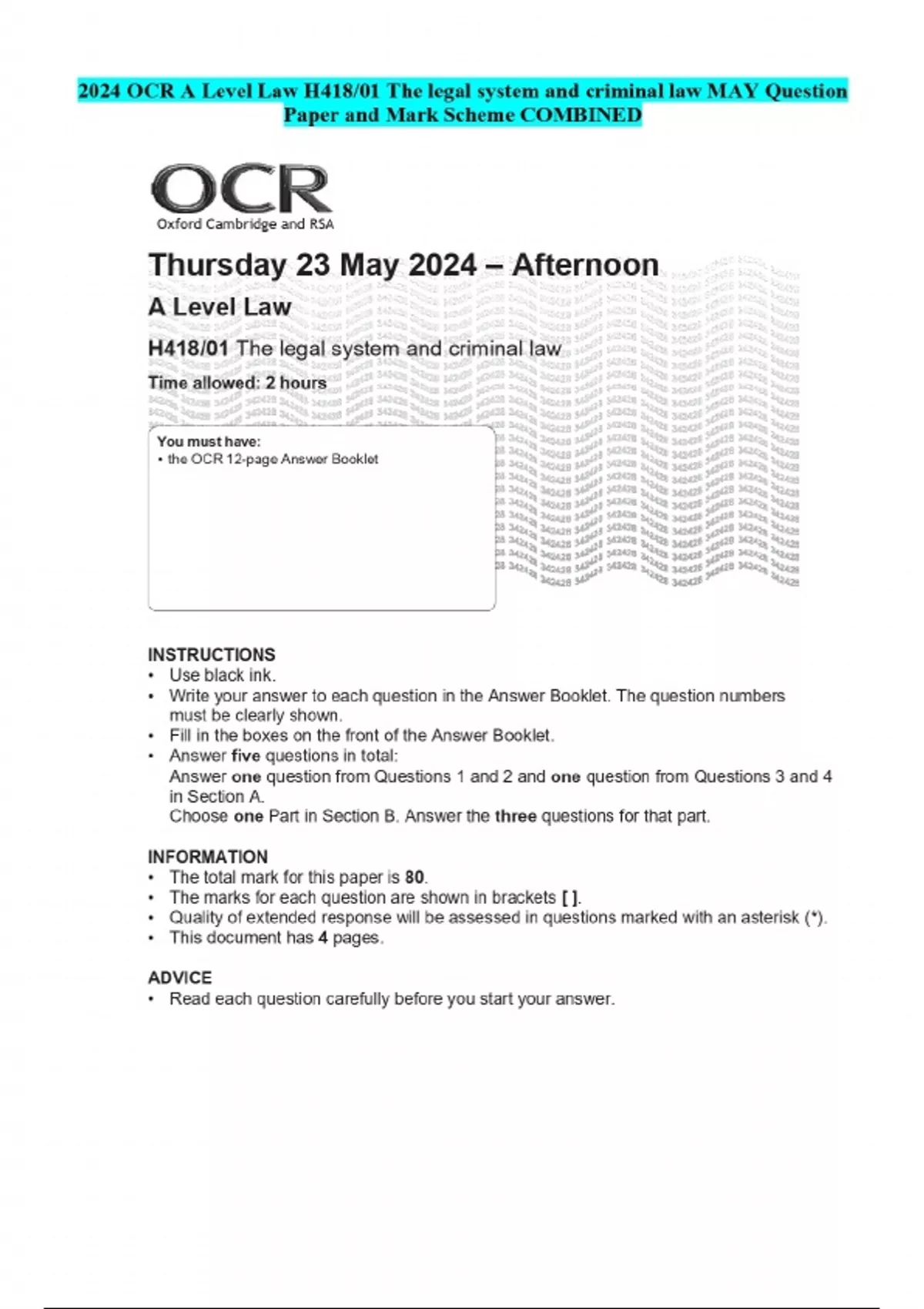 2024 OCR A Level Law H418/01 The legal system and criminal law MAY ...
