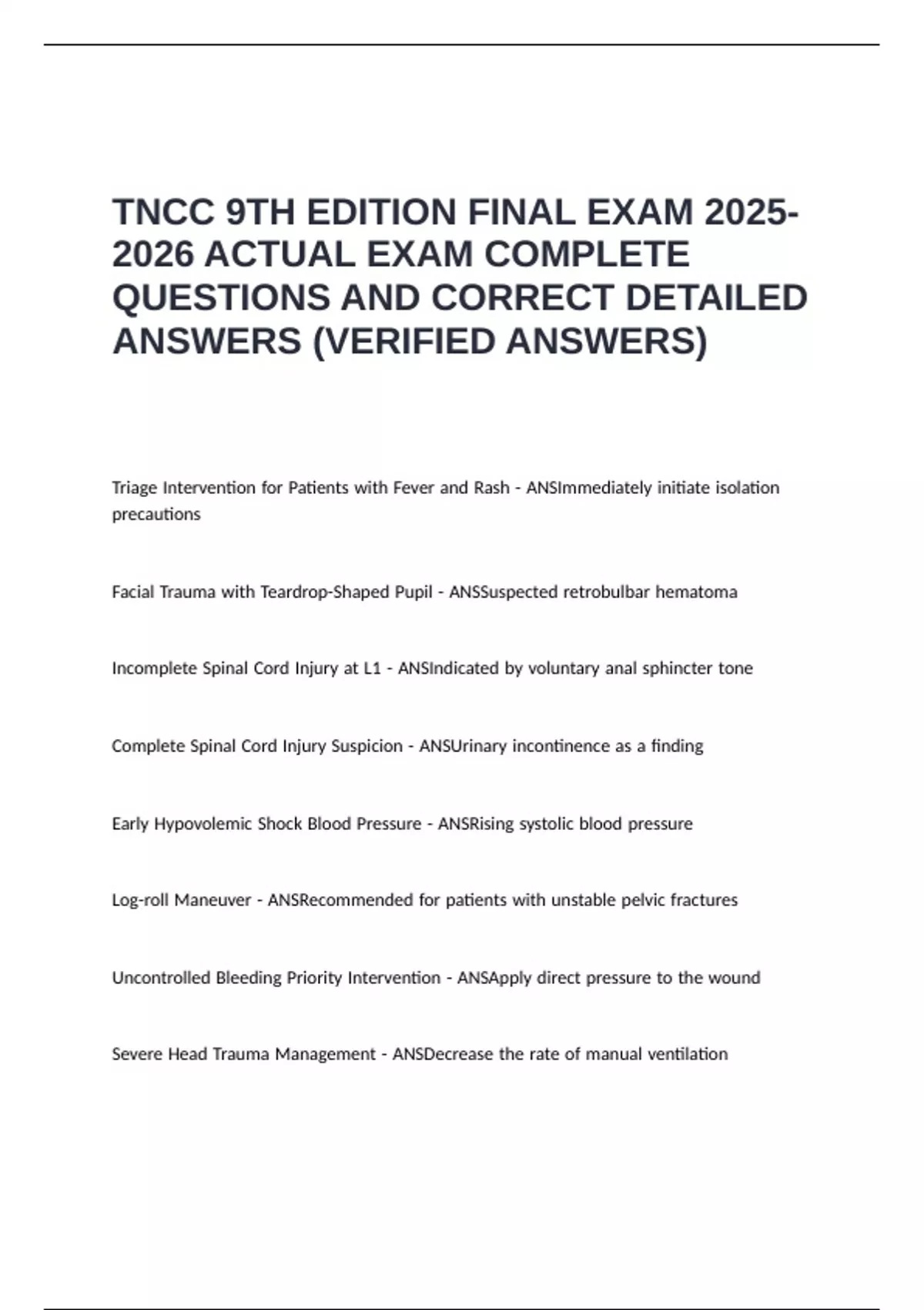 TNCC 9TH EDITION FINAL EXAM ACTUAL EXAM COMPLETE QUESTIONS AND CORRECT ...