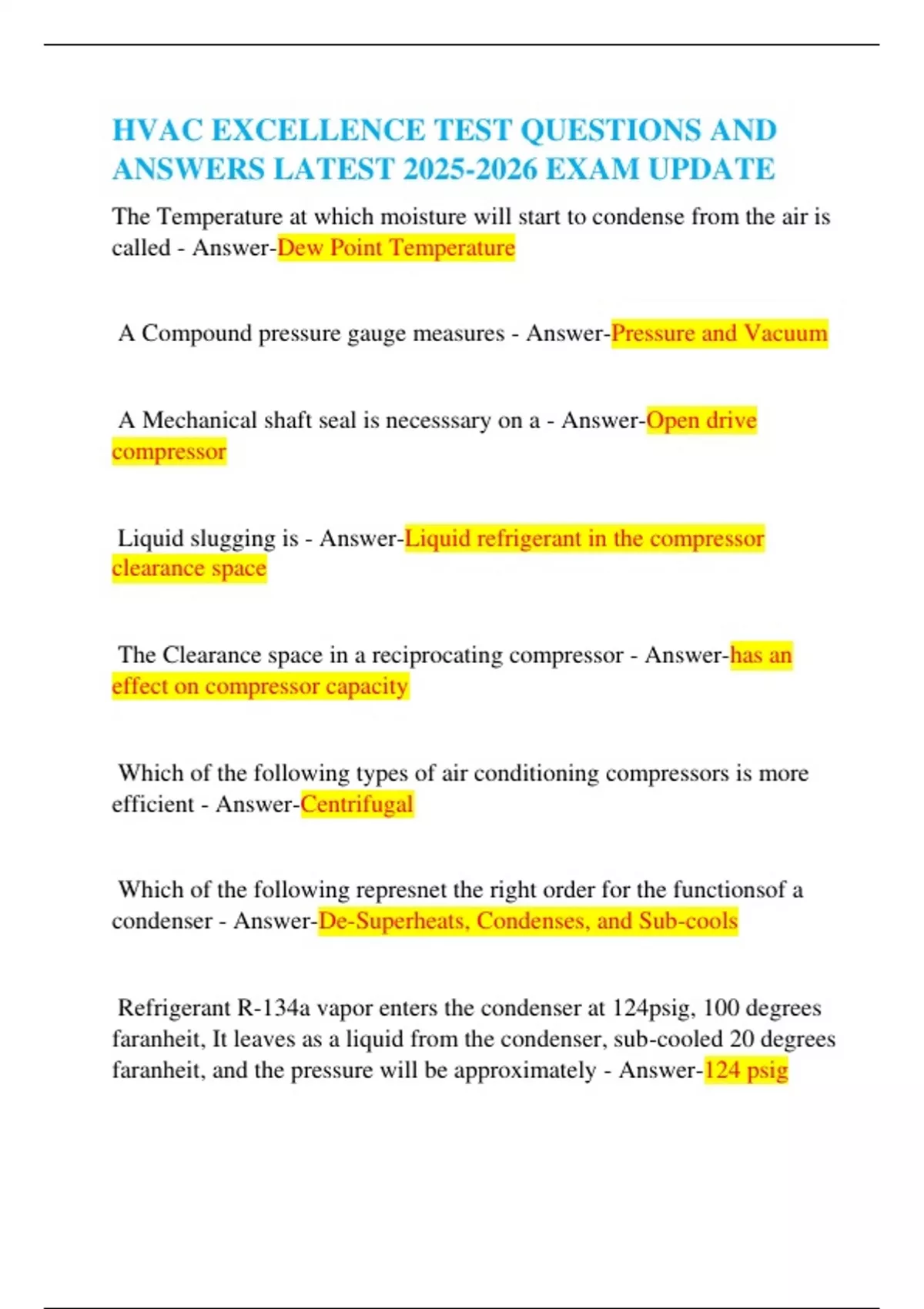 HVAC EXCELLENCE TEST QUESTIONS AND ANSWERS LATEST EXAM UPDATE - HVAC ...