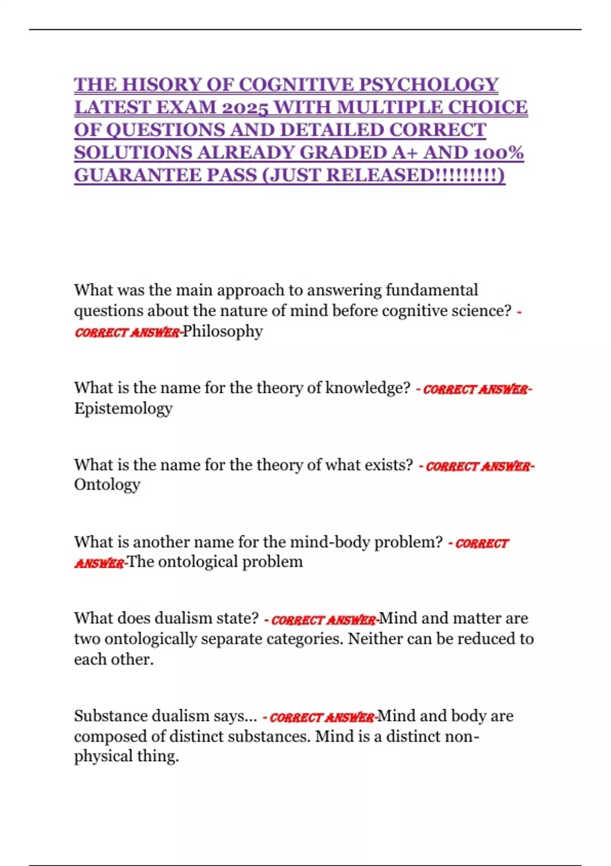 THE HISTORY OF COGNITIVE PSYCHOLOGY LATEST EXAM 2025 WITH MULTIPLE ...