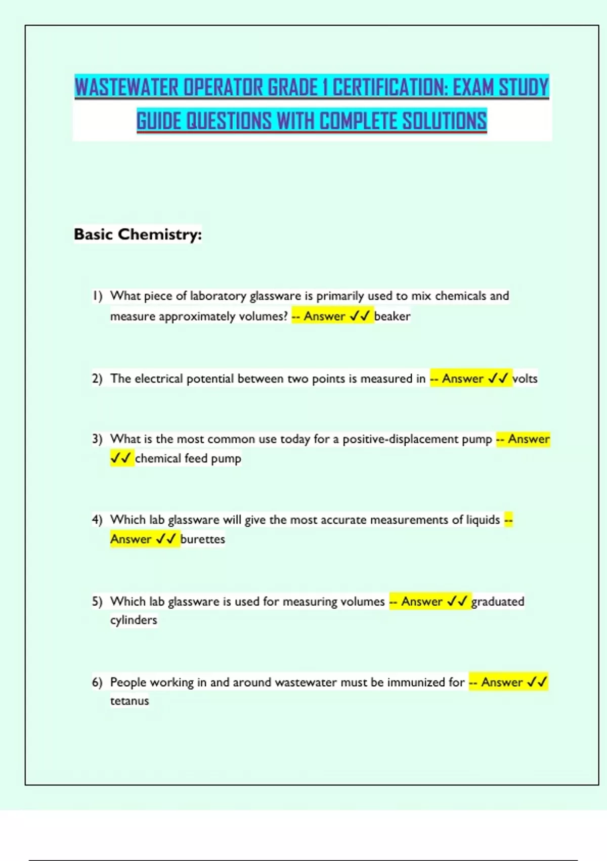 WASTEWATER OPERATOR GRADE 1 CERTIFICATION: EXAM STUDY GUIDE QUESTIONS ...