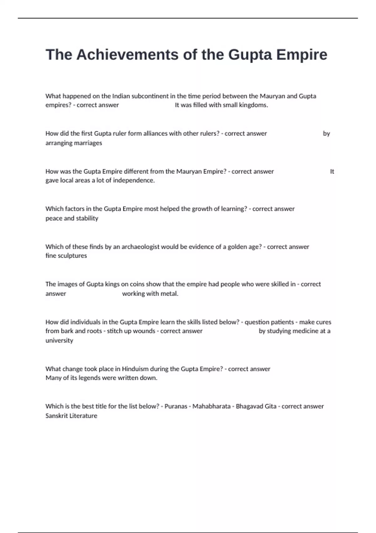 The Achievements of the Gupta Empire Practice Exam Test Questions And ...