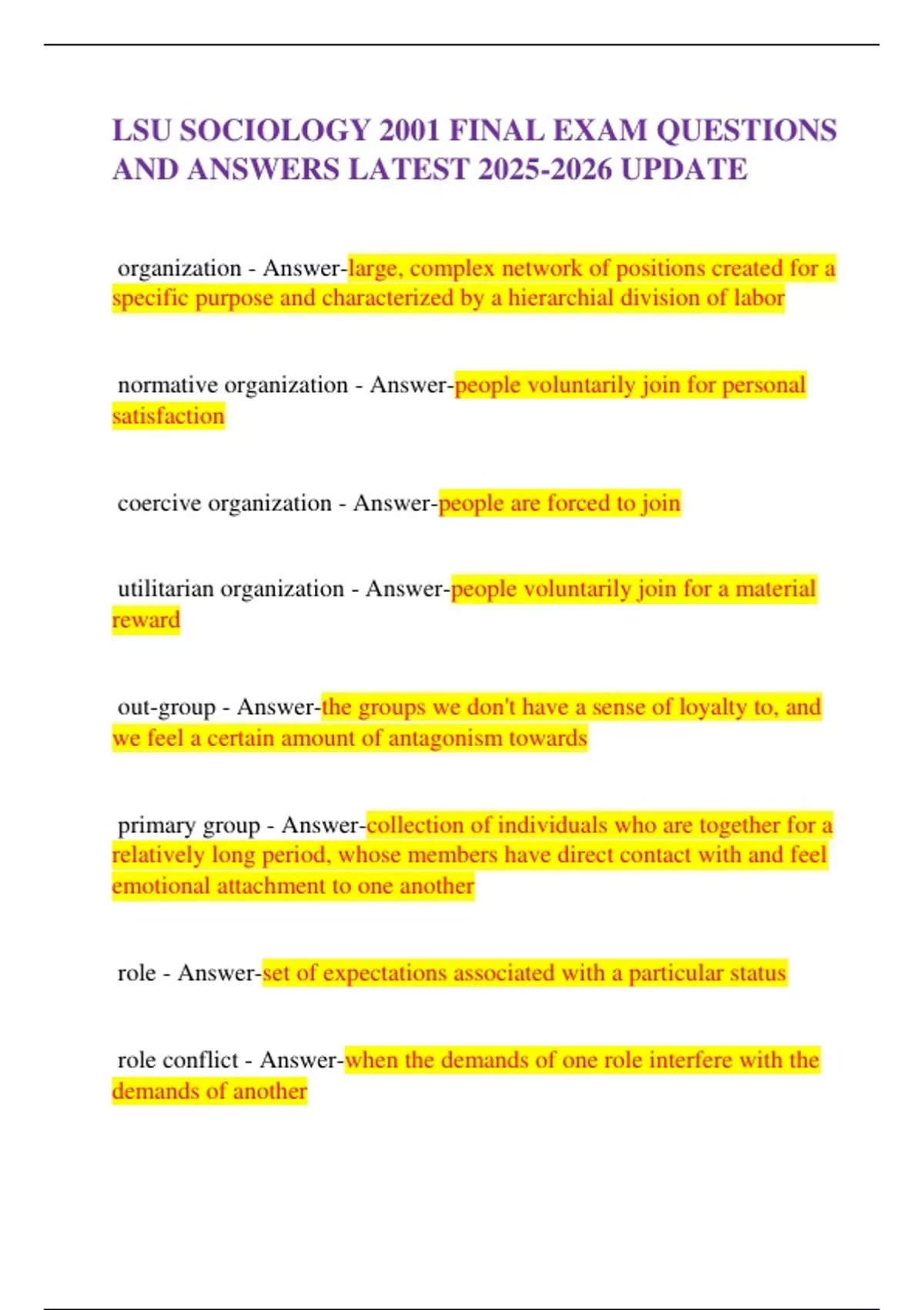 LSU SOCIOLOGY 2001 FINAL EXAM QUESTIONS AND ANSWERS LATEST UPDATE - LSU ...