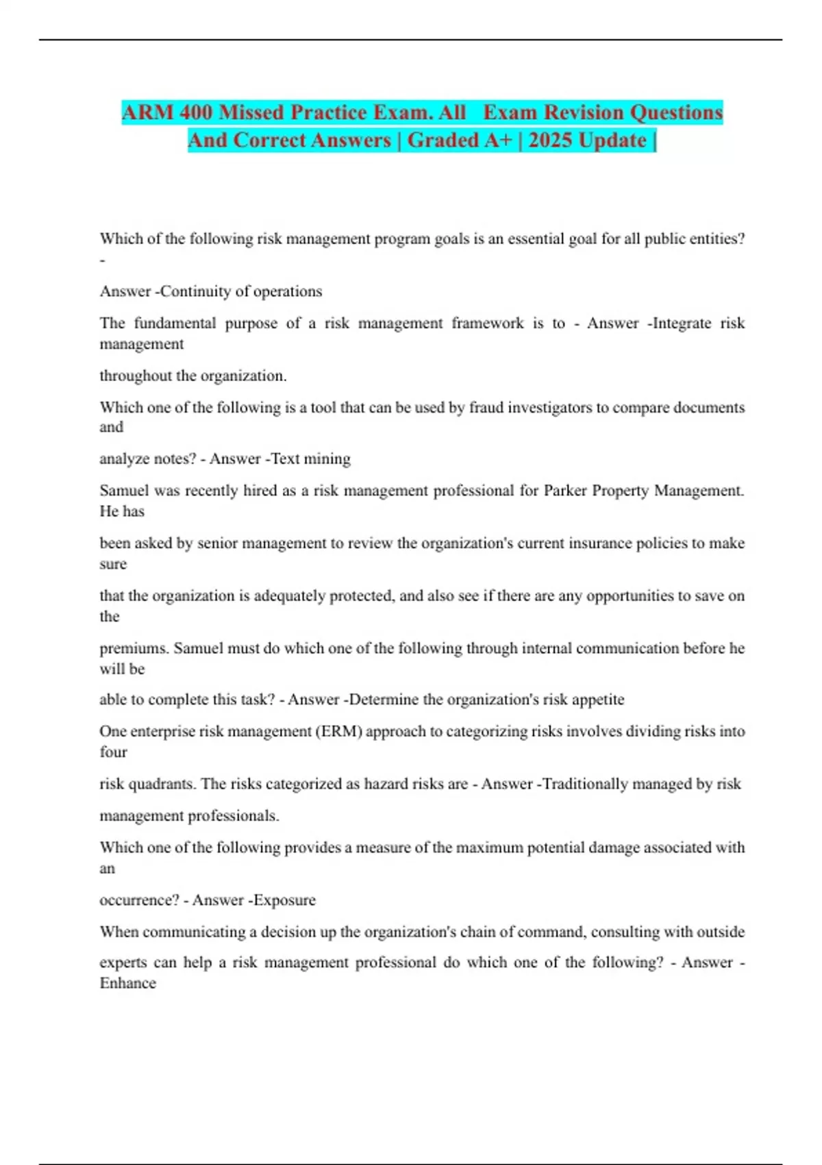 ARM 400 Missed Practice Exam. All Exam Revision Questions And Correct ...