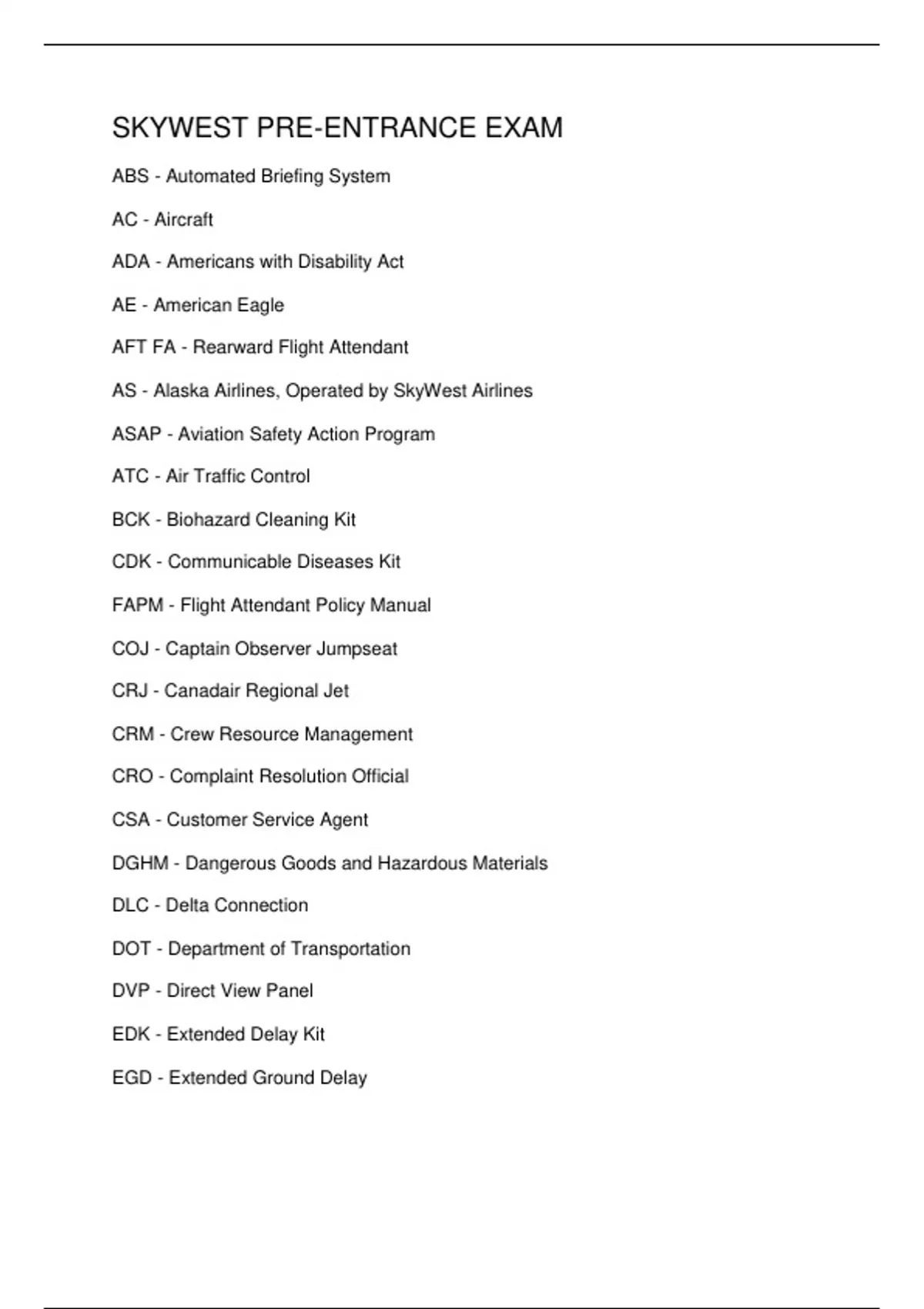 SKYWEST PRE-ENTRANCE EXAM - SKYWEST - Stuvia US