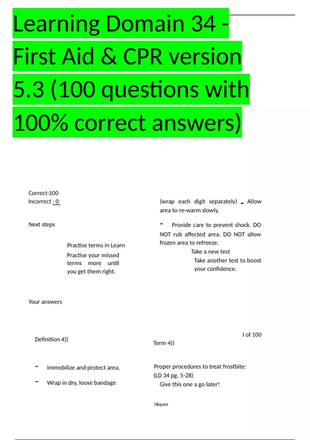 Learning Domain 34 | First Aid & CPR version 5.3 |(100 questions with 100% correct answers).docx ...