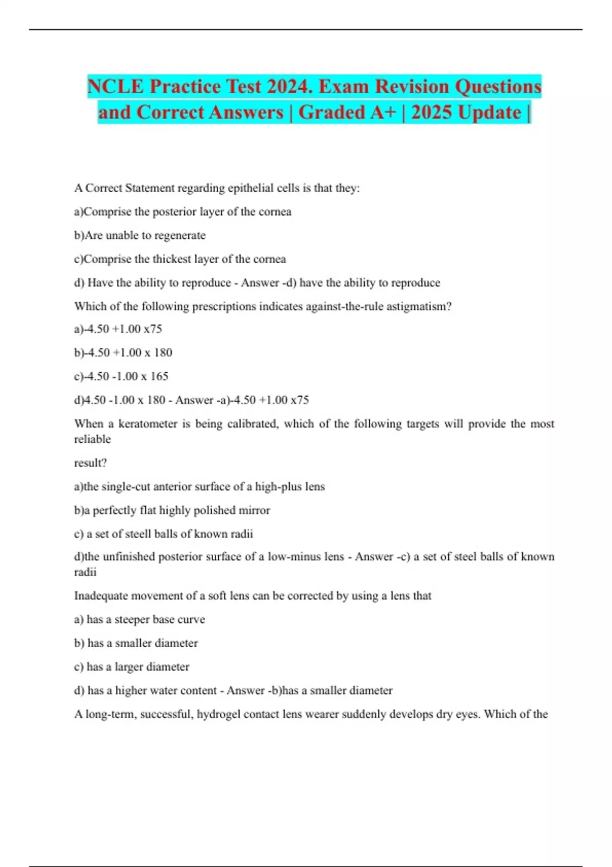 NCLE Practice Test 2024. Exam Revision Questions and Correct Answers ...