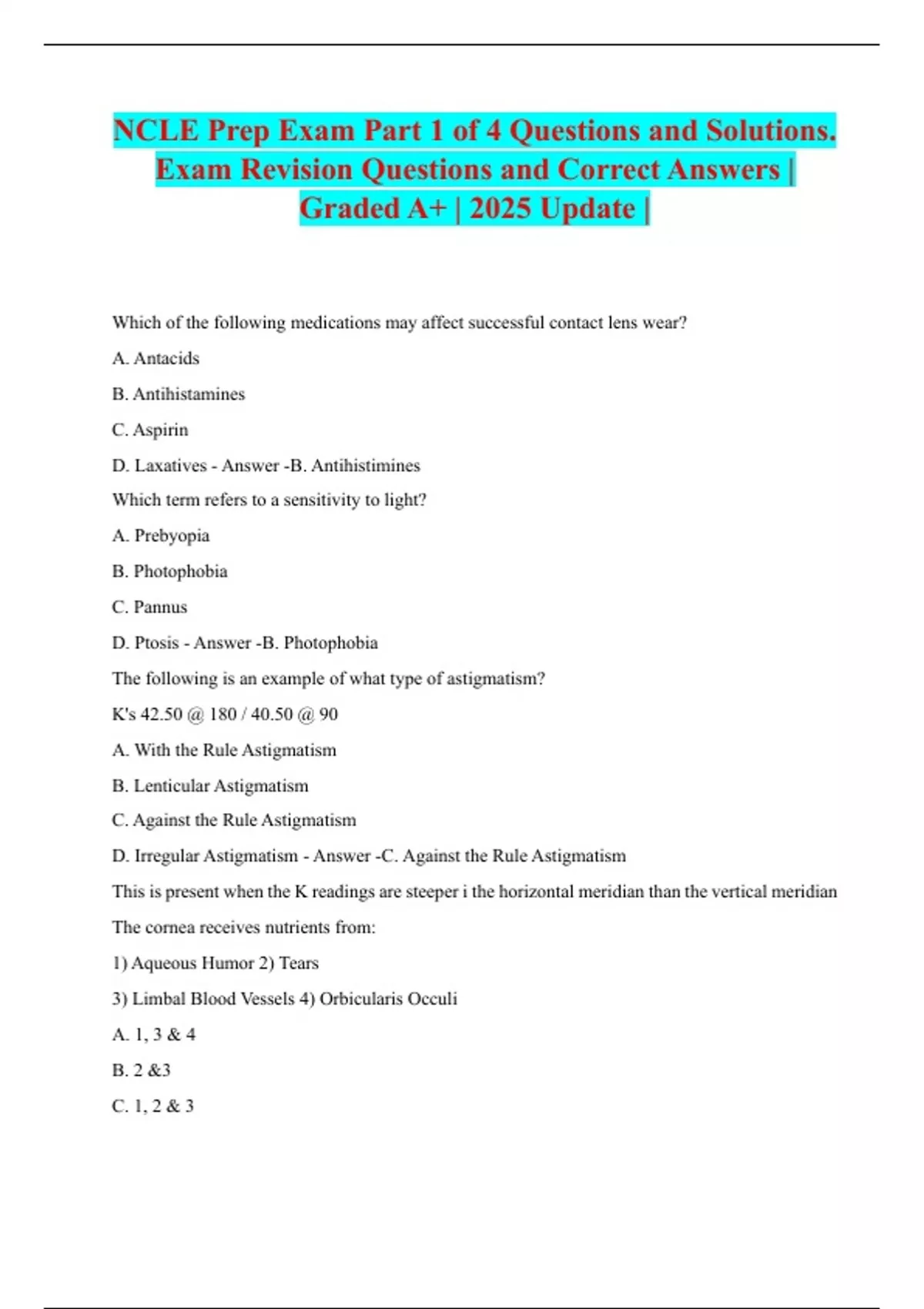 NCLE Prep Exam Part 1 of 4 Questions and Solutions. Exam Revision ...