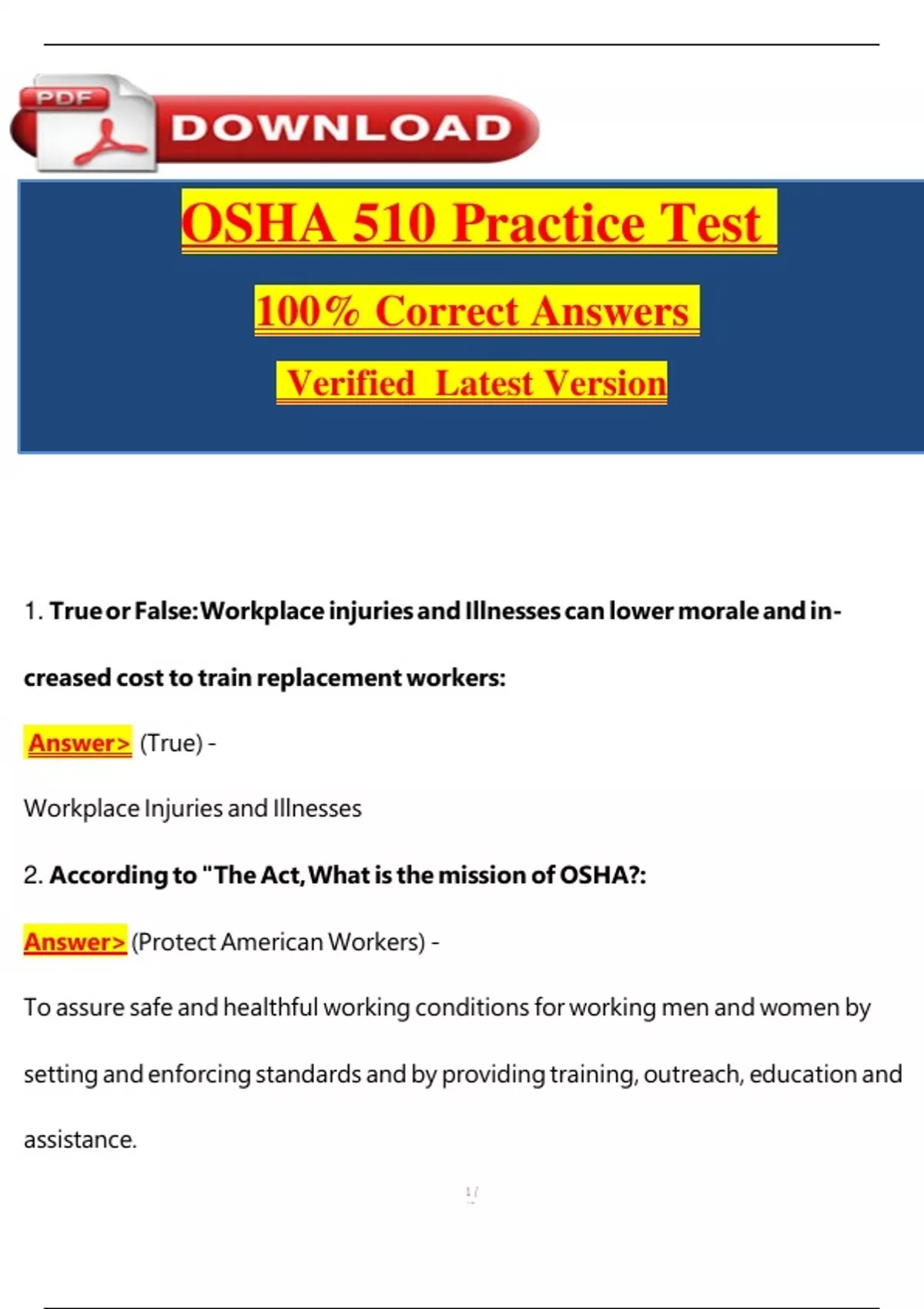 OSHA 510 Practice Test | 100% Correct Answers | Verified | Latest 2025/ ...