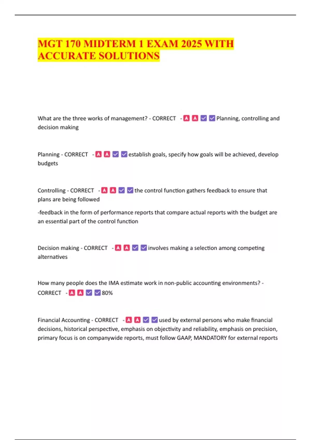 MGT 170 MIDTERM 1 EXAM 2025 WITH ACCURATE SOLUTIONS - MGT 170 - Stuvia US