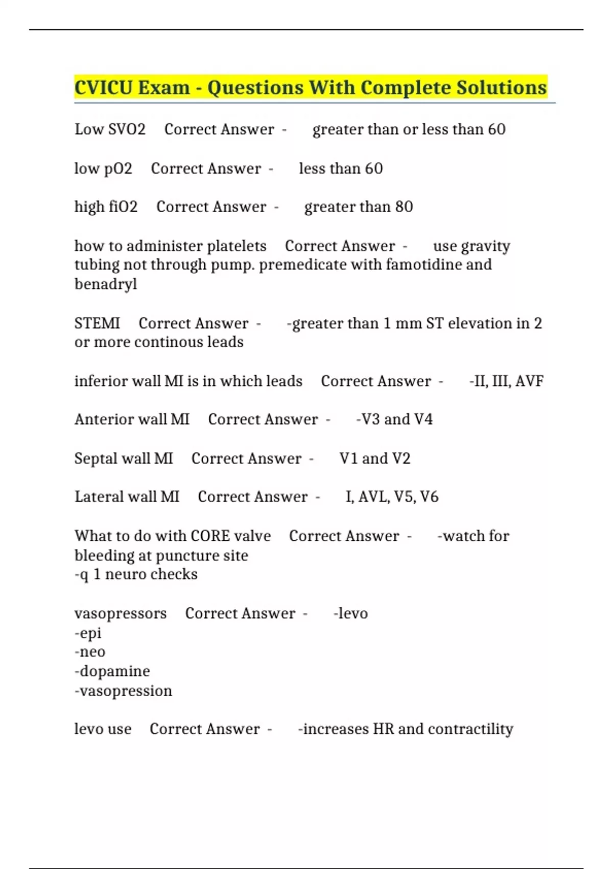 CVICU Exam - Questions With Complete Solutions - CVICU - Stuvia US