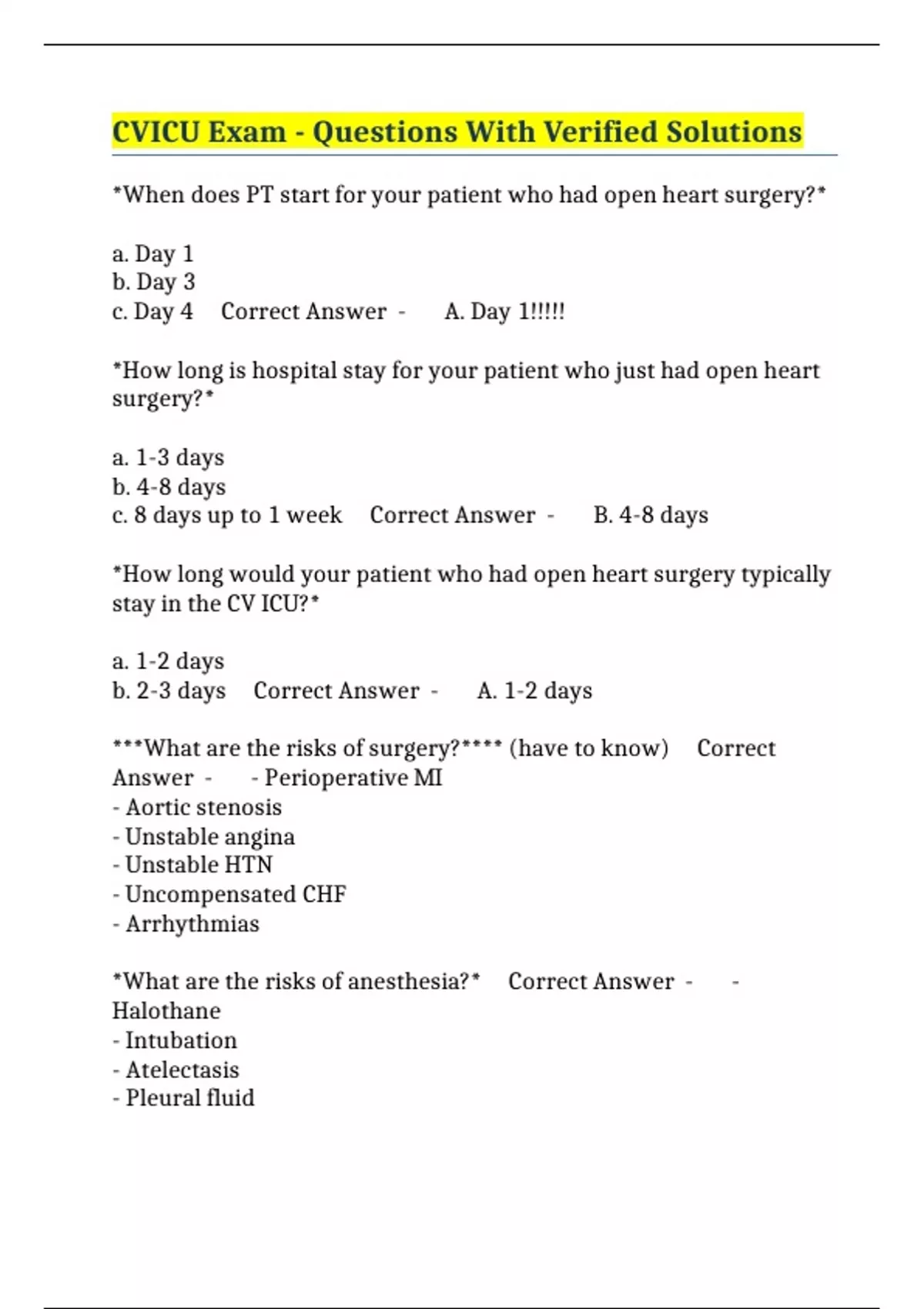CVICU Exam - Questions With Verified Solutions - CVICU - Stuvia US