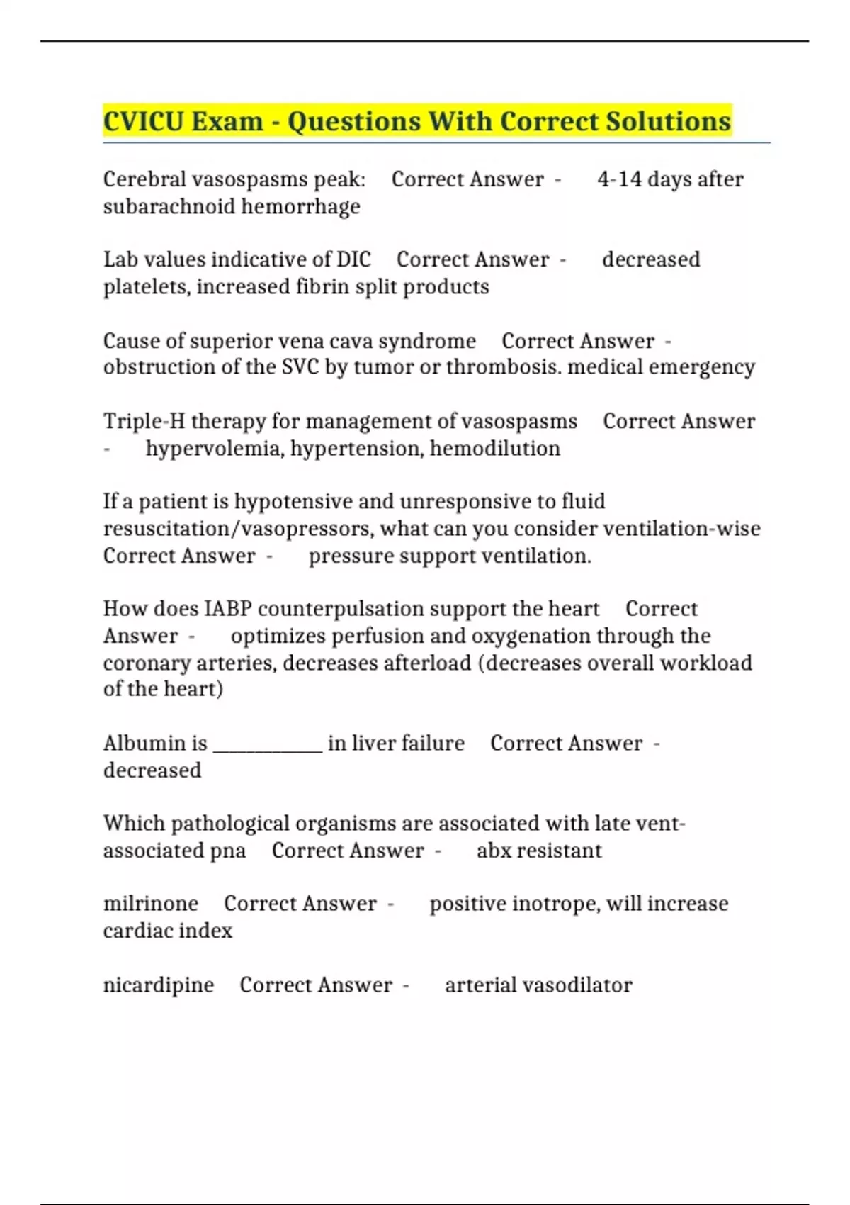 CVICU Exam - Questions With Correct Solutions - CVICU - Stuvia US