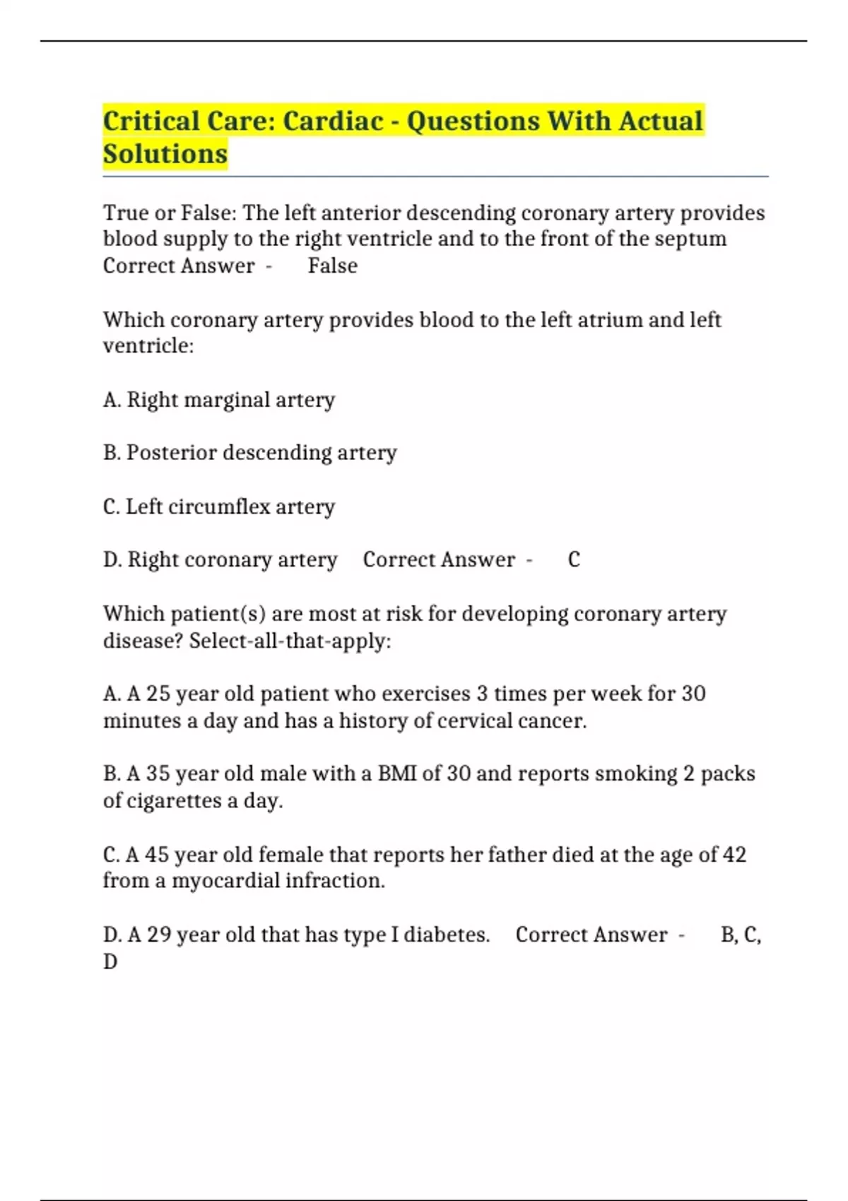 Critical Care: Cardiac - Questions With Actual Solutions - CVICU ...