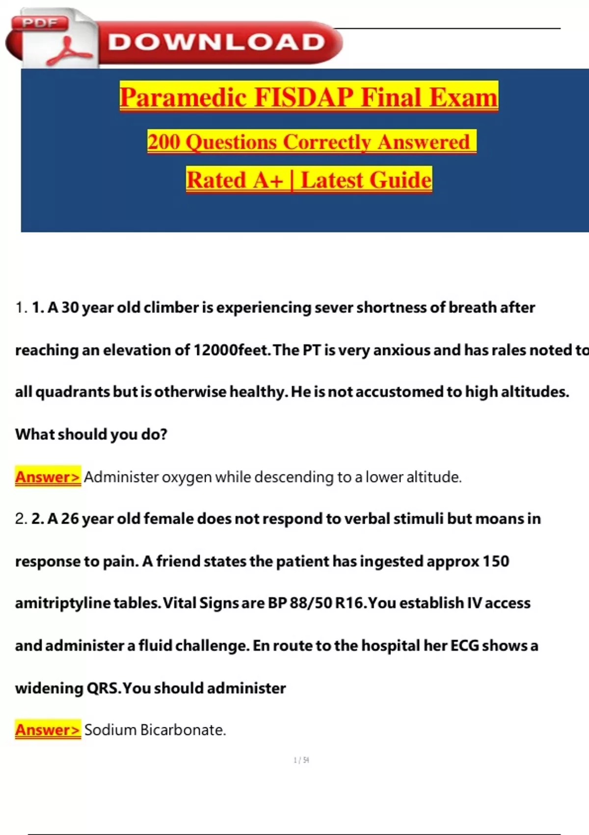 Paramedic FISDAP Final Exam| 200 Questions | Correctly Answered and ...