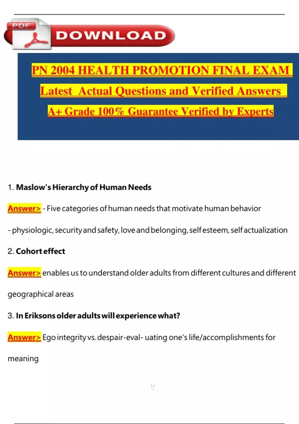 PN 2004 HEALTH PROMOTION FINAL EXAM Latest 2025 Actual Questions and ...