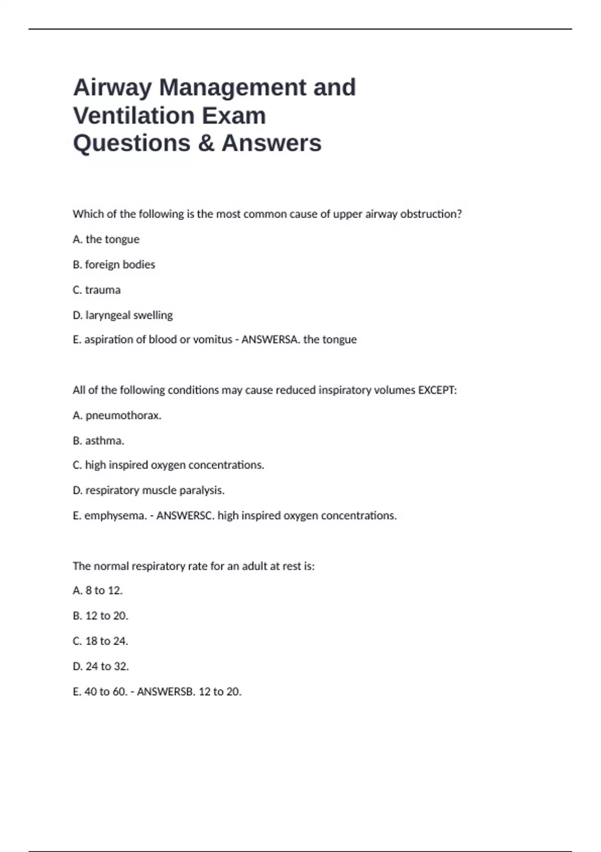 Airway Management and Ventilation Exam Questions & Answers - Airway ...