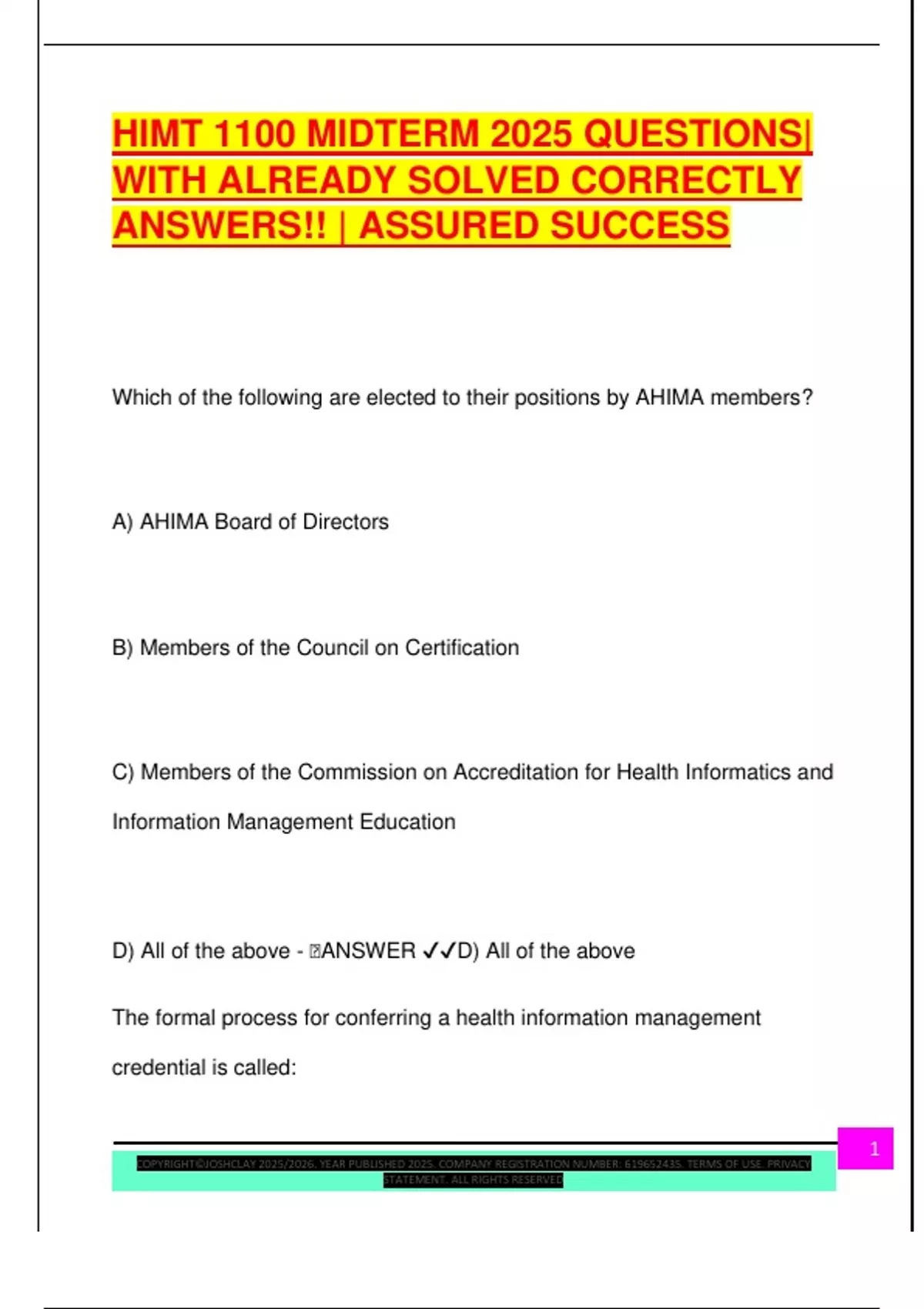 HIMT 1100 MIDTERM 2025 QUESTIONS| WITH ALREADY SOLVED CORRECTLY ANSWERS ...