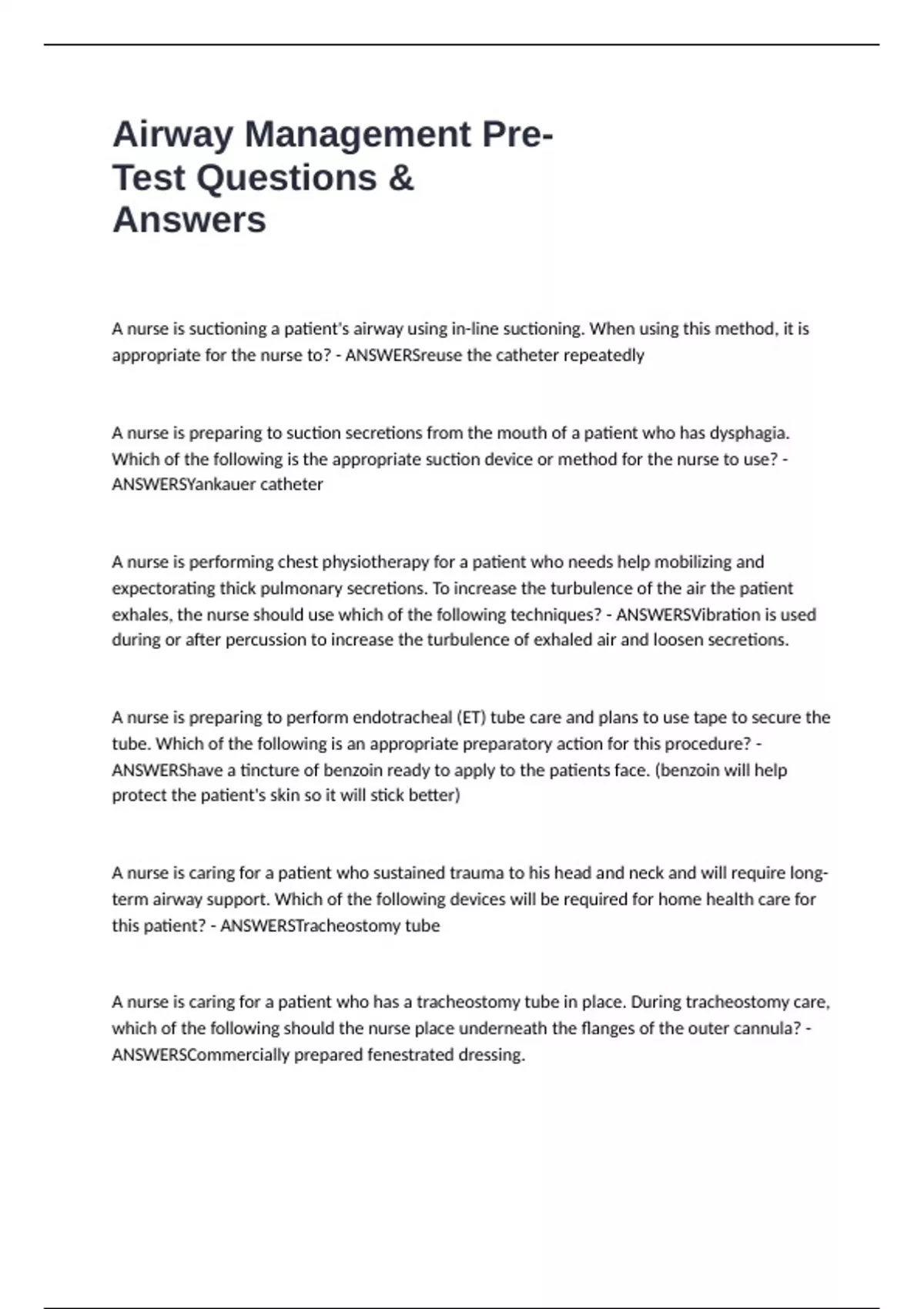 Airway Management Pre-Test Questions & Answers - Airway Management ...