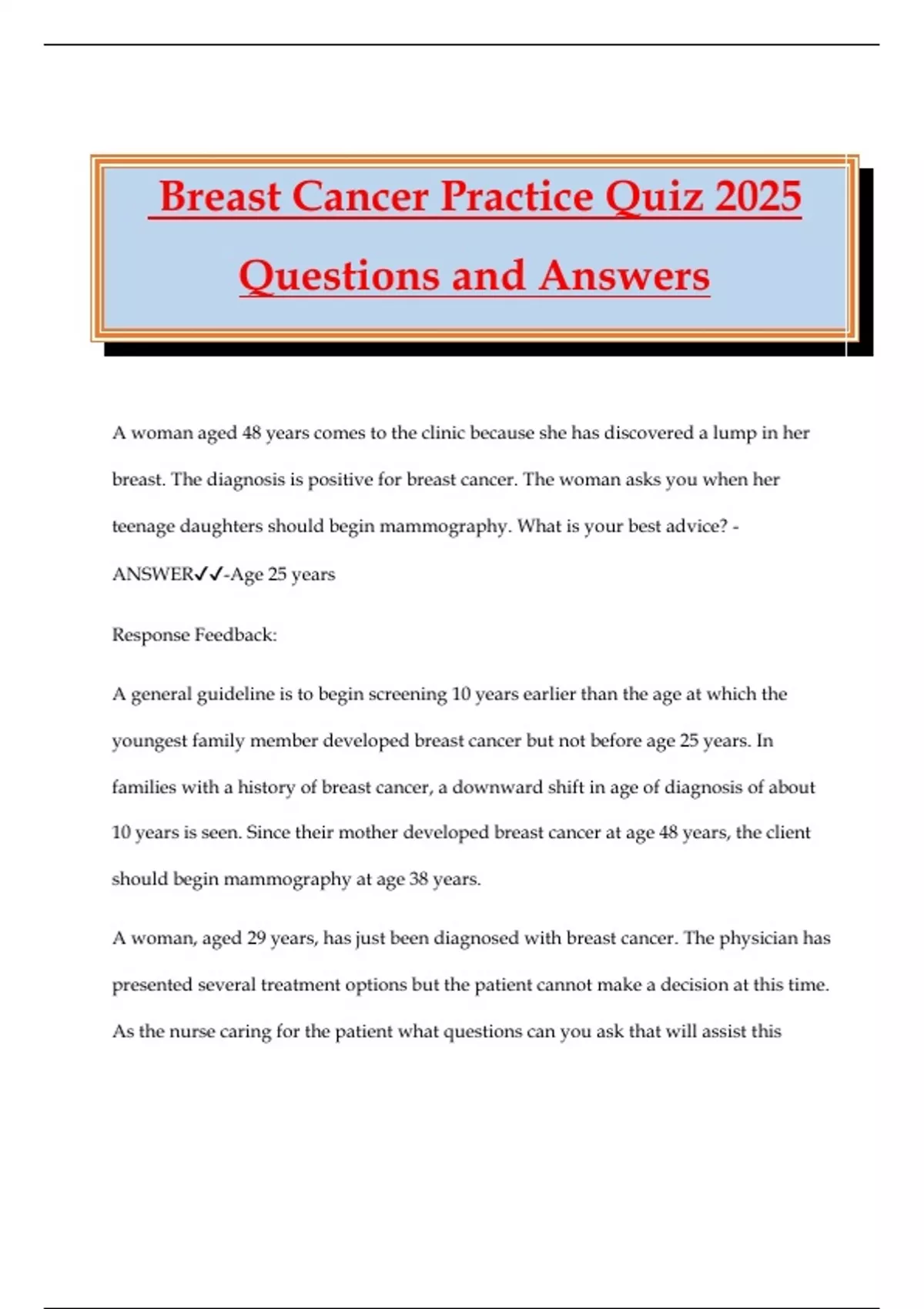 Breast Cancer Practice Quiz 2025 Questions and Answers - Breast Ultrasound - Stuvia US