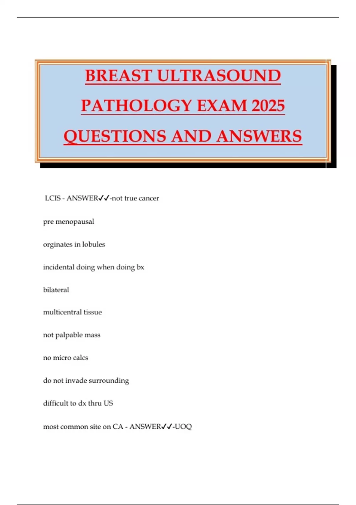 BREAST ULTRASOUND PATHOLOGY EXAM 2025 QUESTIONS AND ANSWERS - Breast ...