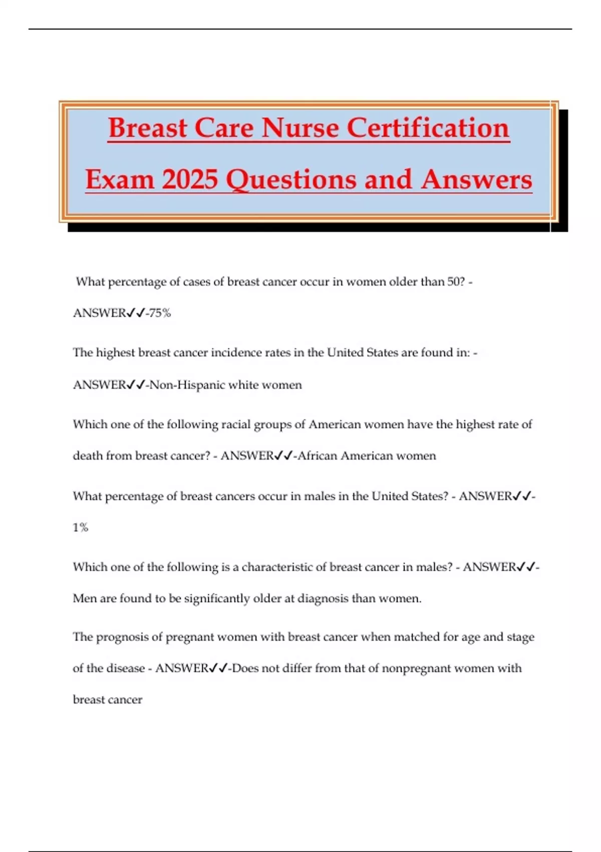 Breast Care Nurse Certification Exam 2025 Questions and Answers ...