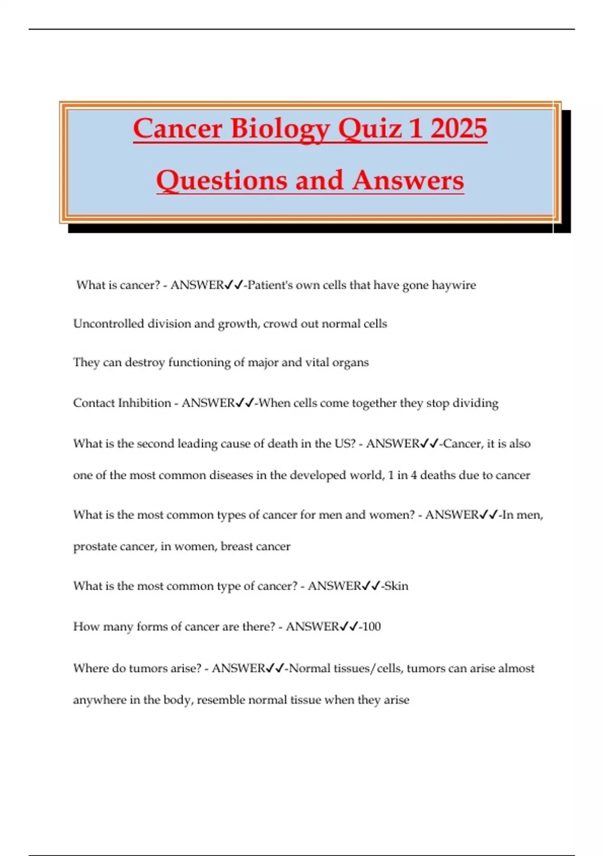 Cancer Biology Quiz 1 2025 Questions and Answers - Cancer Biology ...