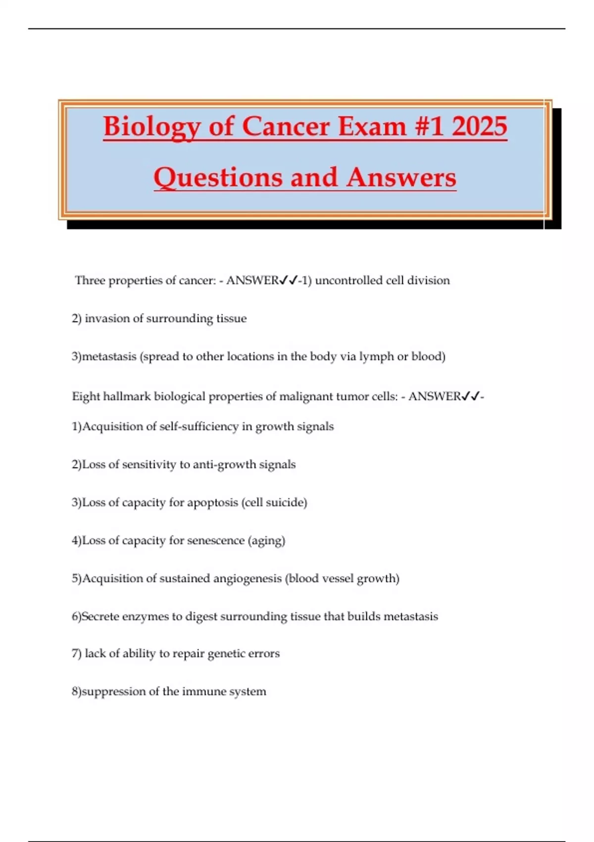 Biology of Cancer Exam #1 2025 Questions and Answers - Cancer Biology ...
