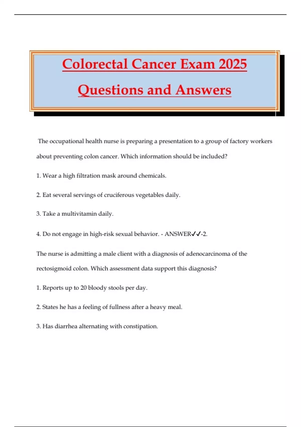 Colorectal Cancer Exam 2025 Questions and Answers - Cancer Biology ...