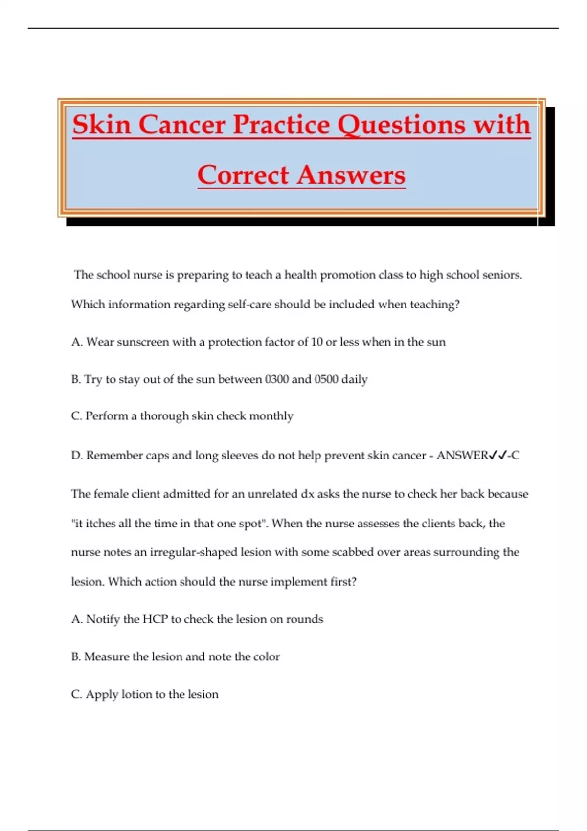 Skin Cancer Practice Questions with Correct Answers - Cancer Biology ...