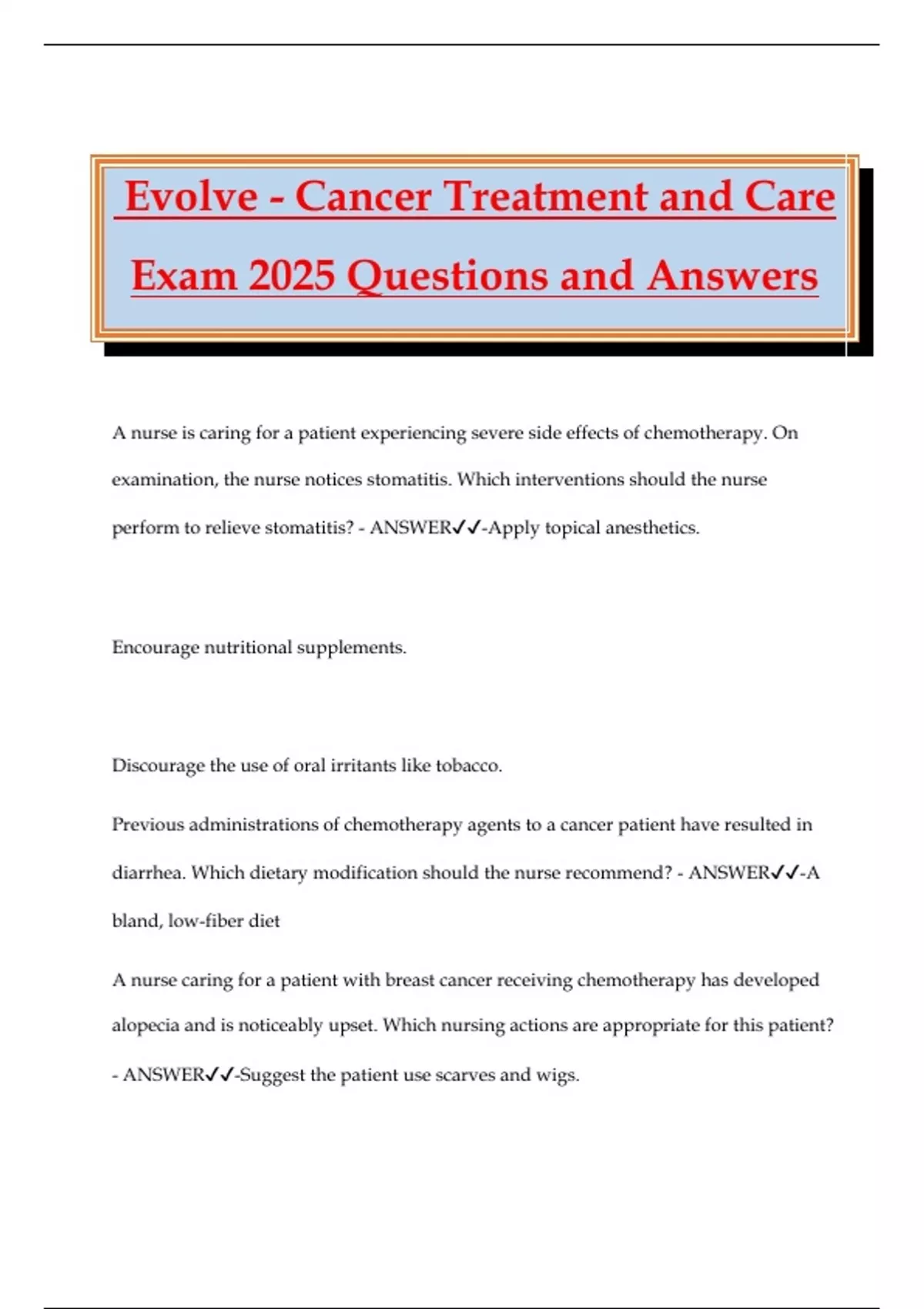 Evolve - Cancer Treatment and Care Exam 2025 Questions and Answers ...