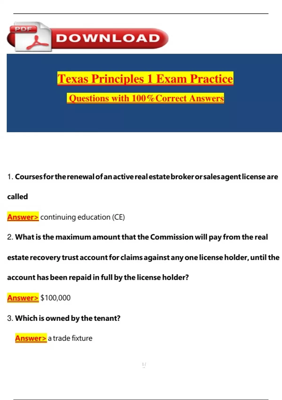 Texas Principles 1 Exam Practice (2024 / 2025) Questions with Verified ...