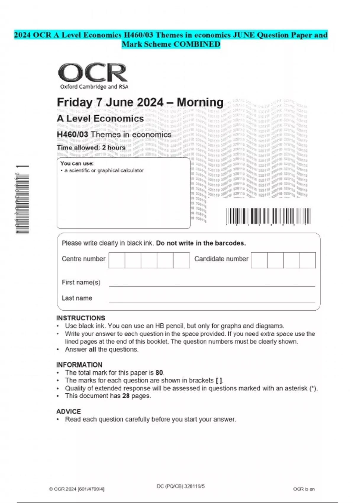2024 OCR A Level Economics H460/03 Themes in economics JUNE Question ...