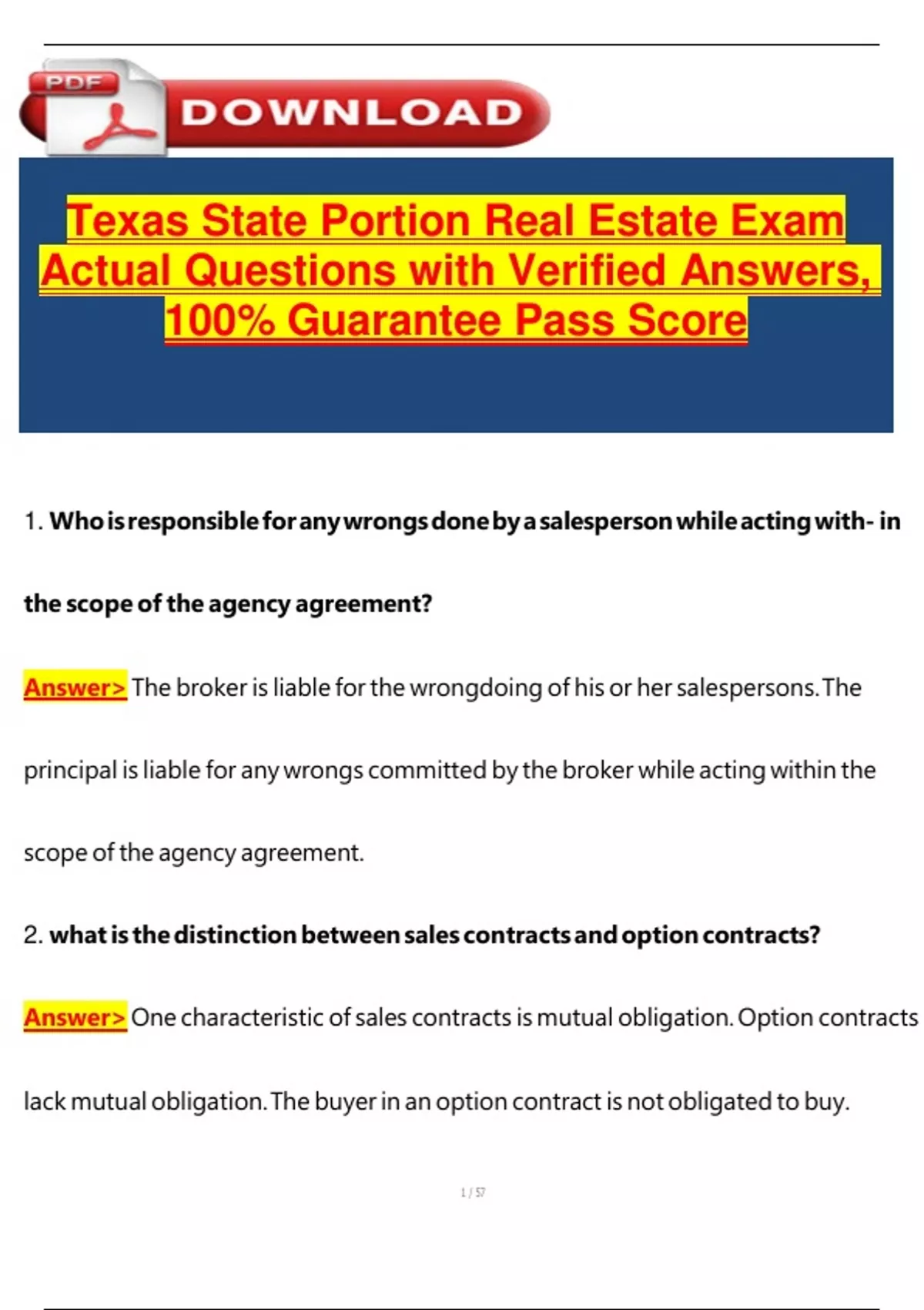 Texas State Portion Real Estate Exam 2025 Actual Questions with ...