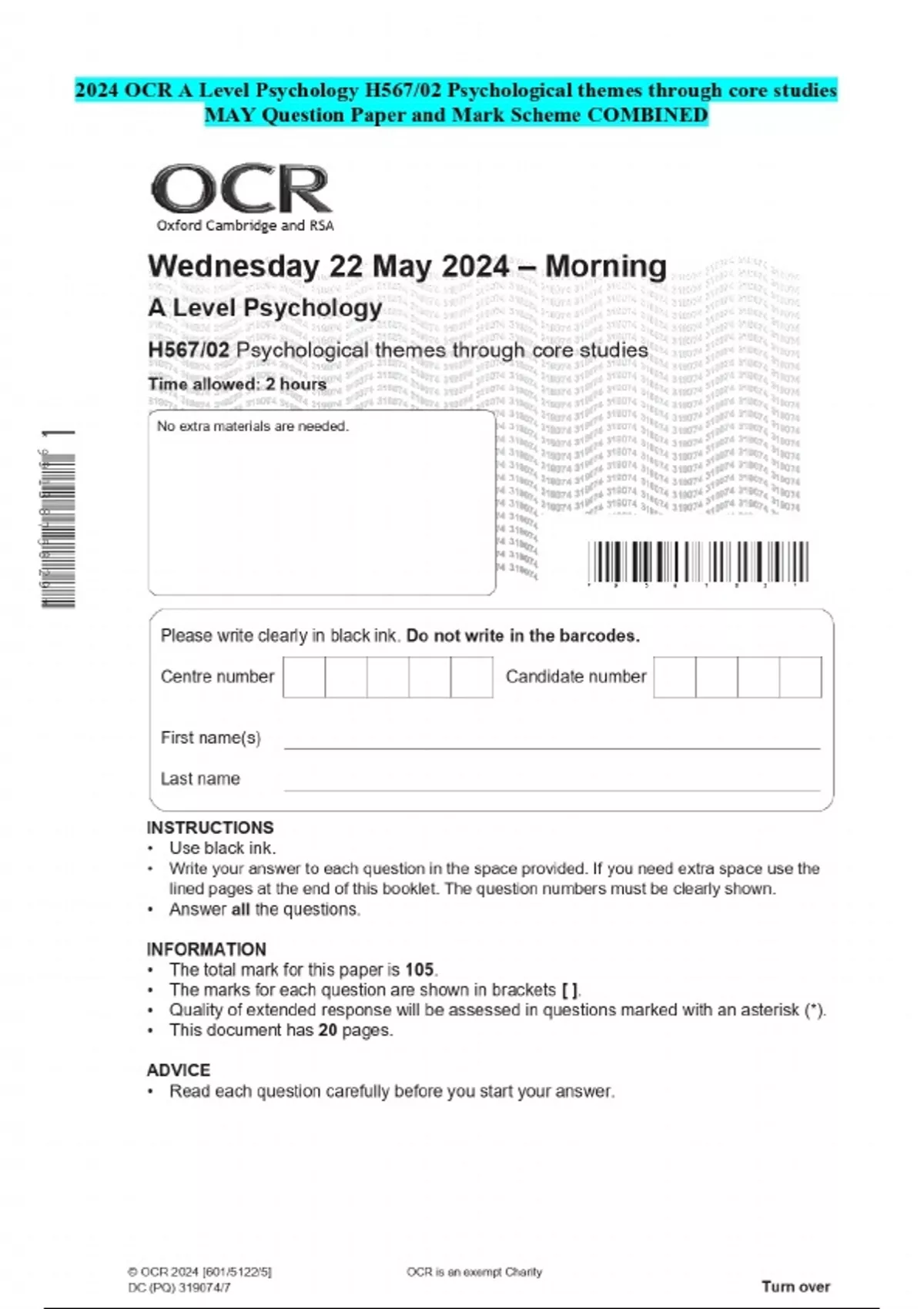 2024 OCR A Level Psychology H567/02 Psychological themes through core ...