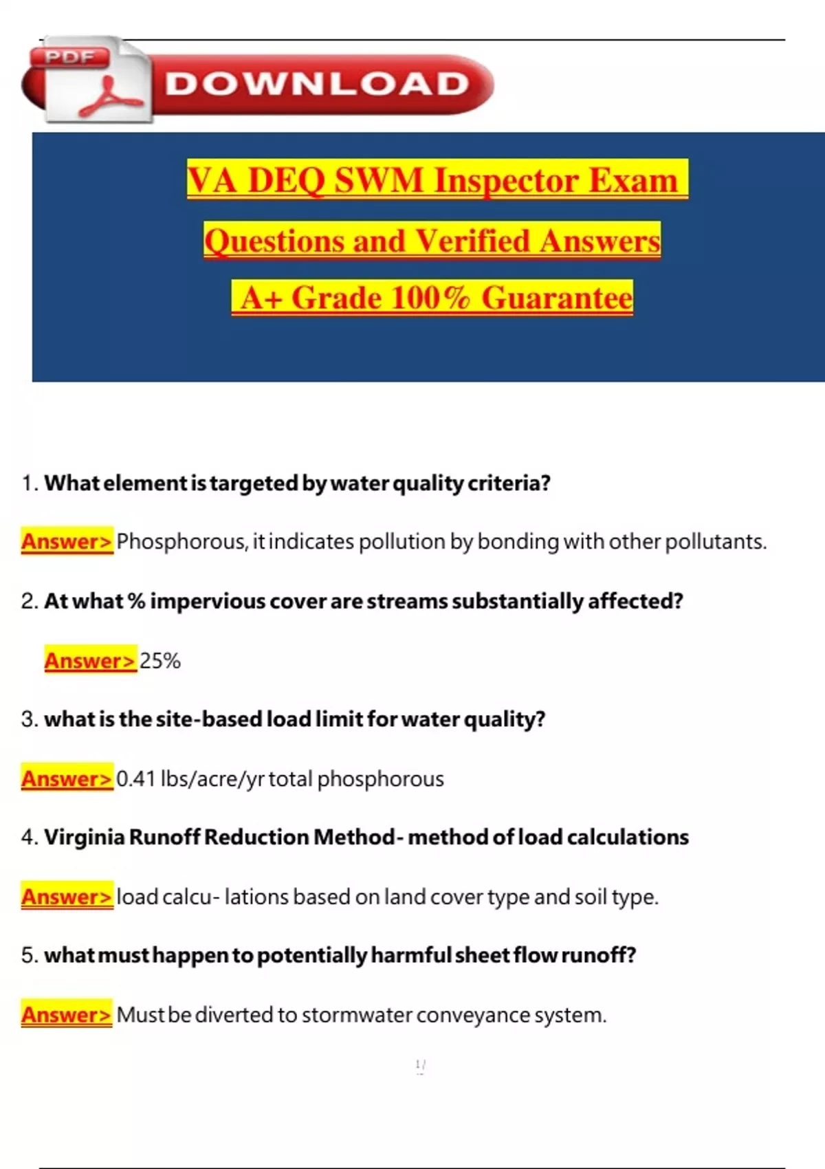 VA DEQ SWM Inspector Exam Questions Latest 2025 Actual Questions and ...
