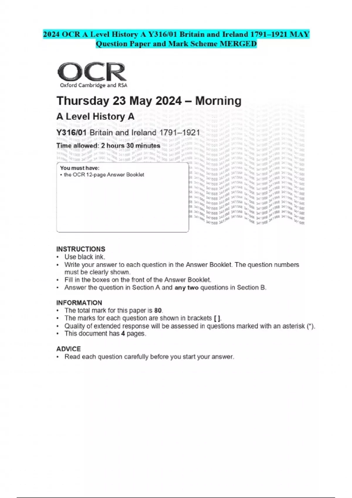 2024 OCR A Level History A Y316/01 Britain and Ireland 1791–1921 MAY Question Paper and Mark ...