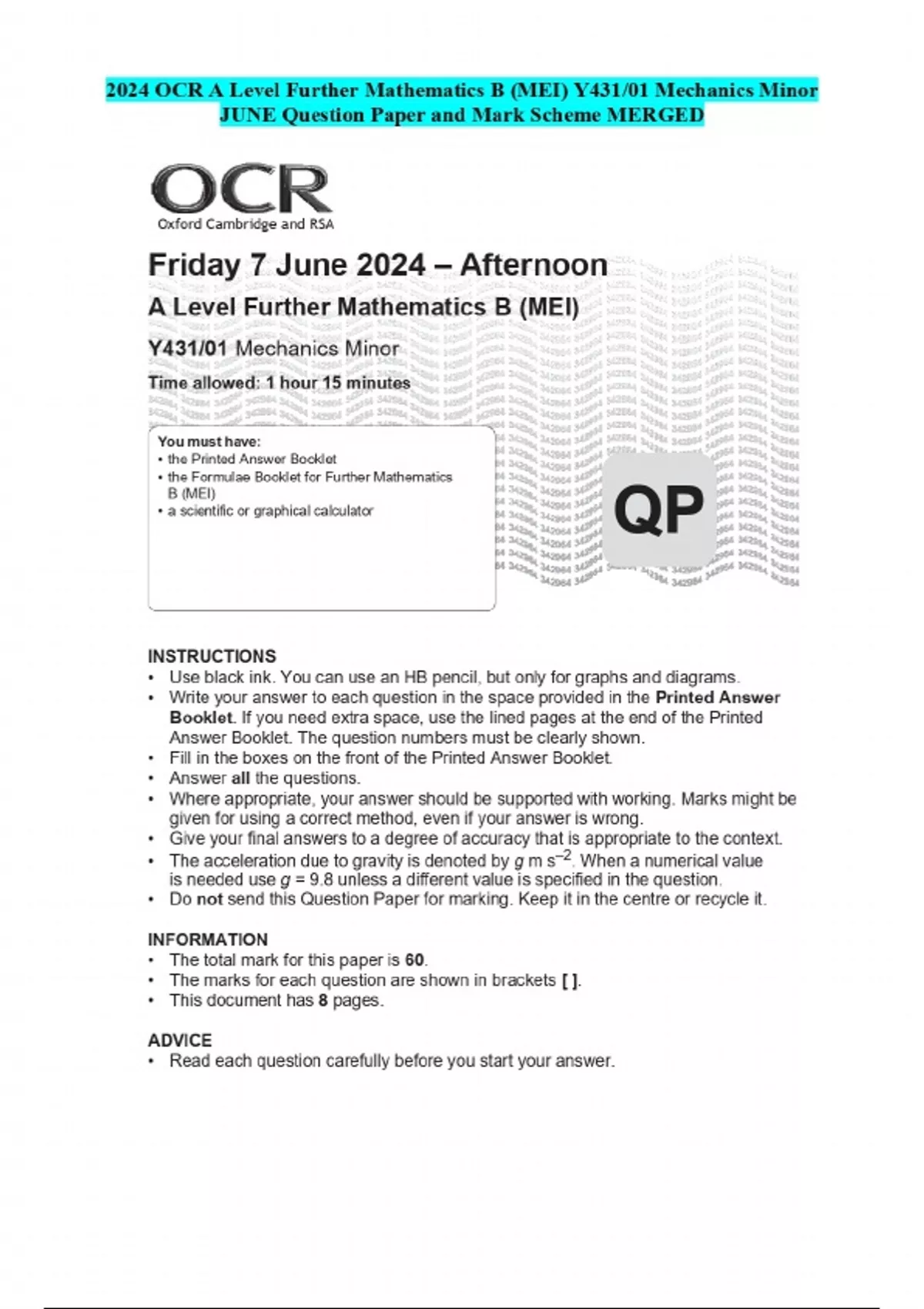 2024 OCR A Level Further Mathematics B (MEI) Y431/01 Mechanics Minor JUNE Question Paper and ...