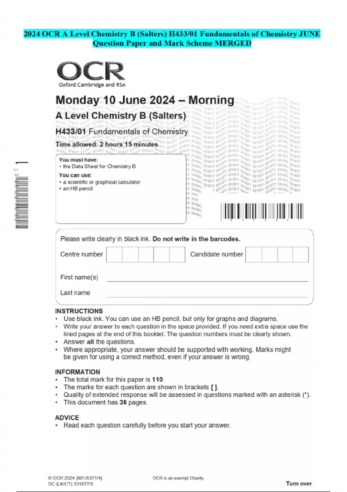 2024 OCR A Level Chemistry B (Salters) H433/01 Fundamentals of Chemistry JUNE Question Paper and ...