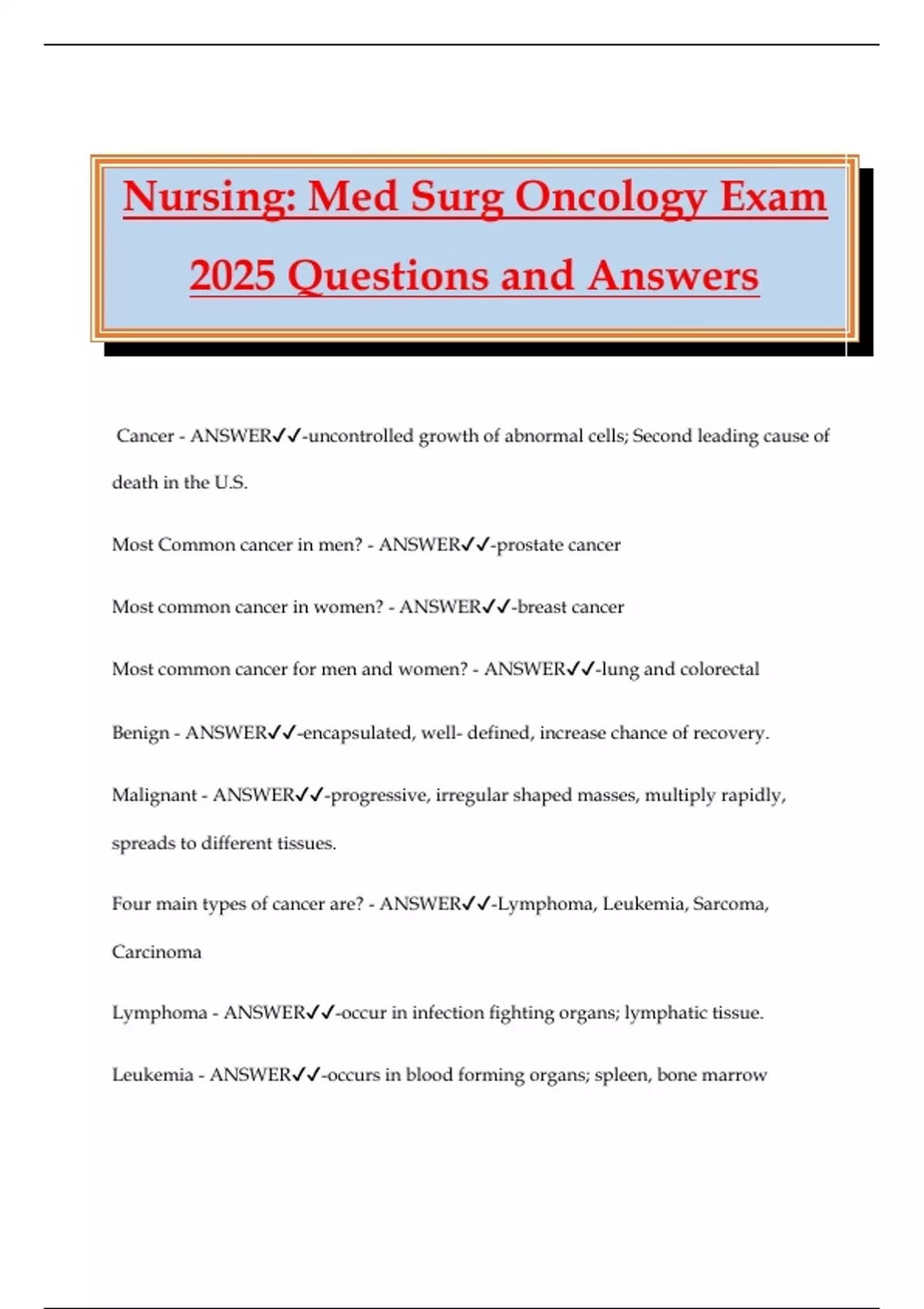 Nursing: Med Surg Oncology Exam 2025 Questions and Answers - Cancer ...