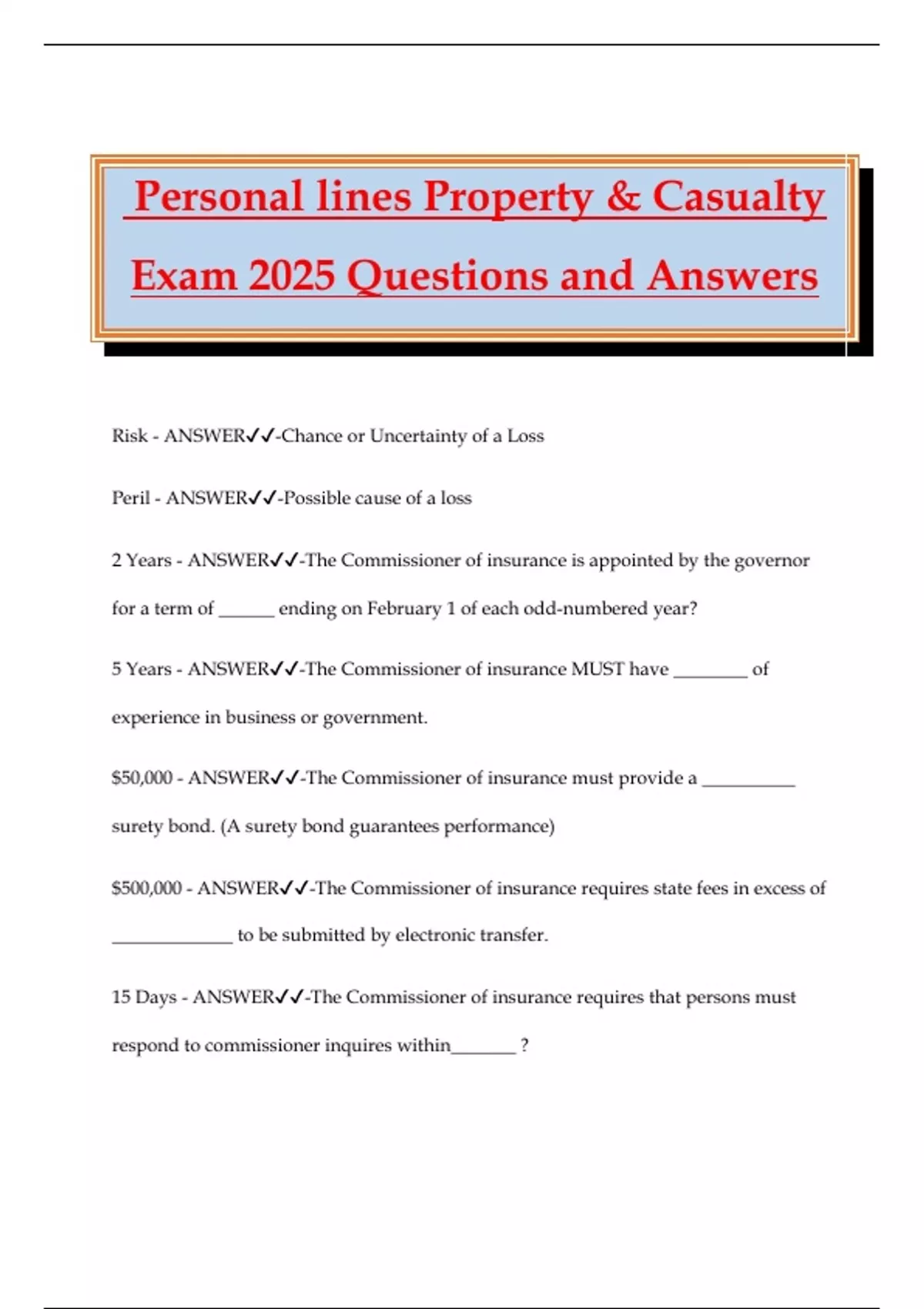 Personal lines Property & Casualty Exam 2025 Questions and Answers ...
