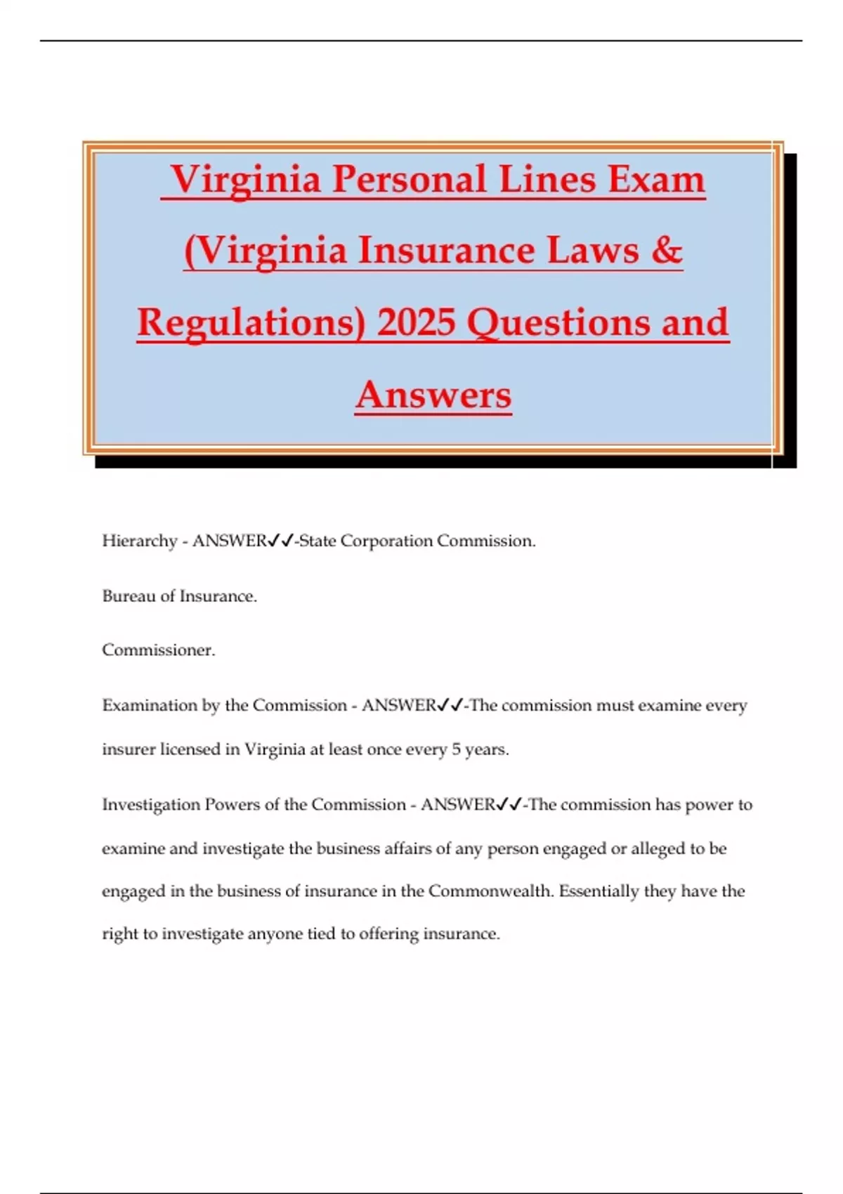 Virginia Personal Lines Exam (Virginia Insurance Laws & Regulations ...