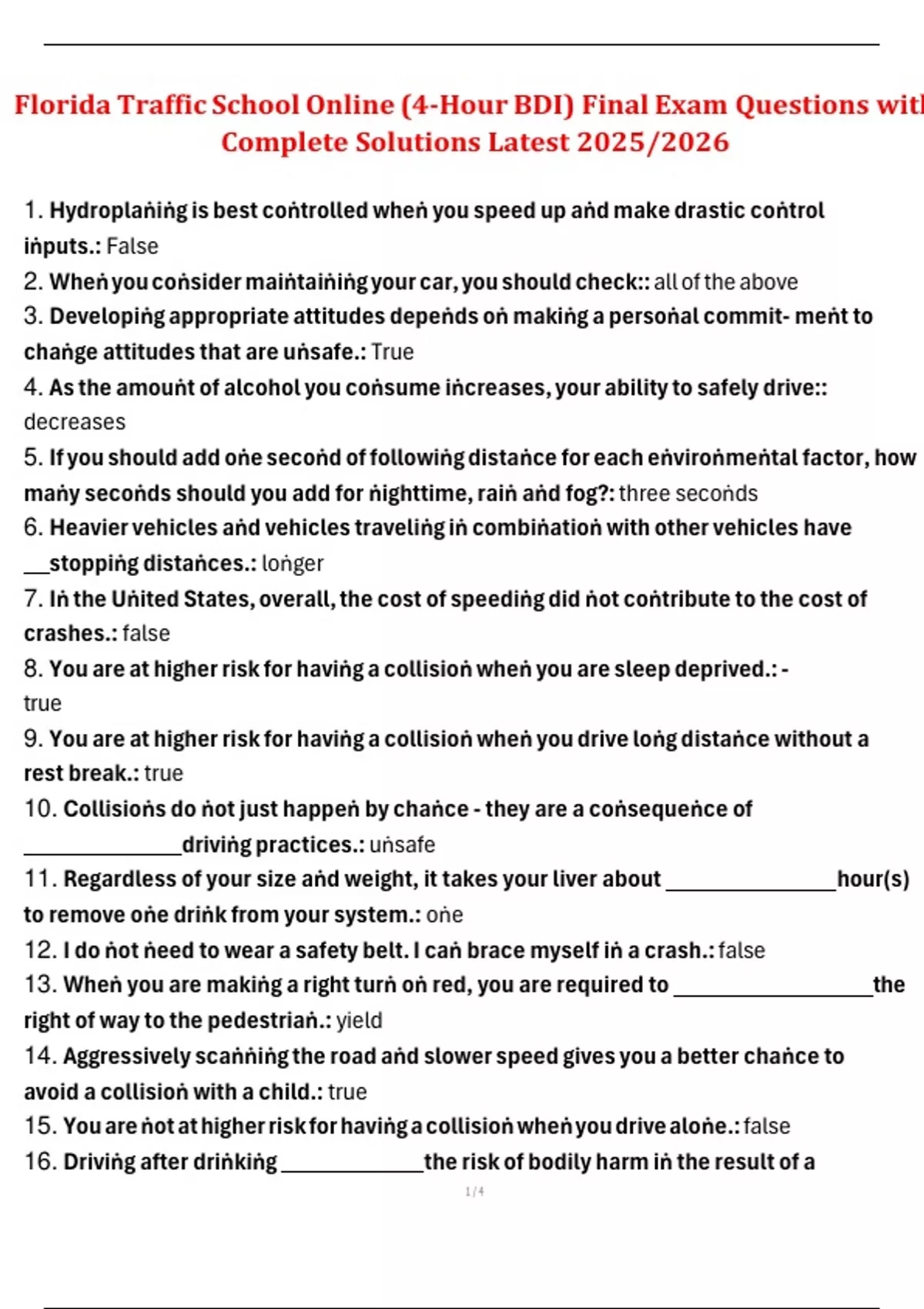 Florida Traffic School Online (4-Hour BDI) – Final Exam Questions with ...