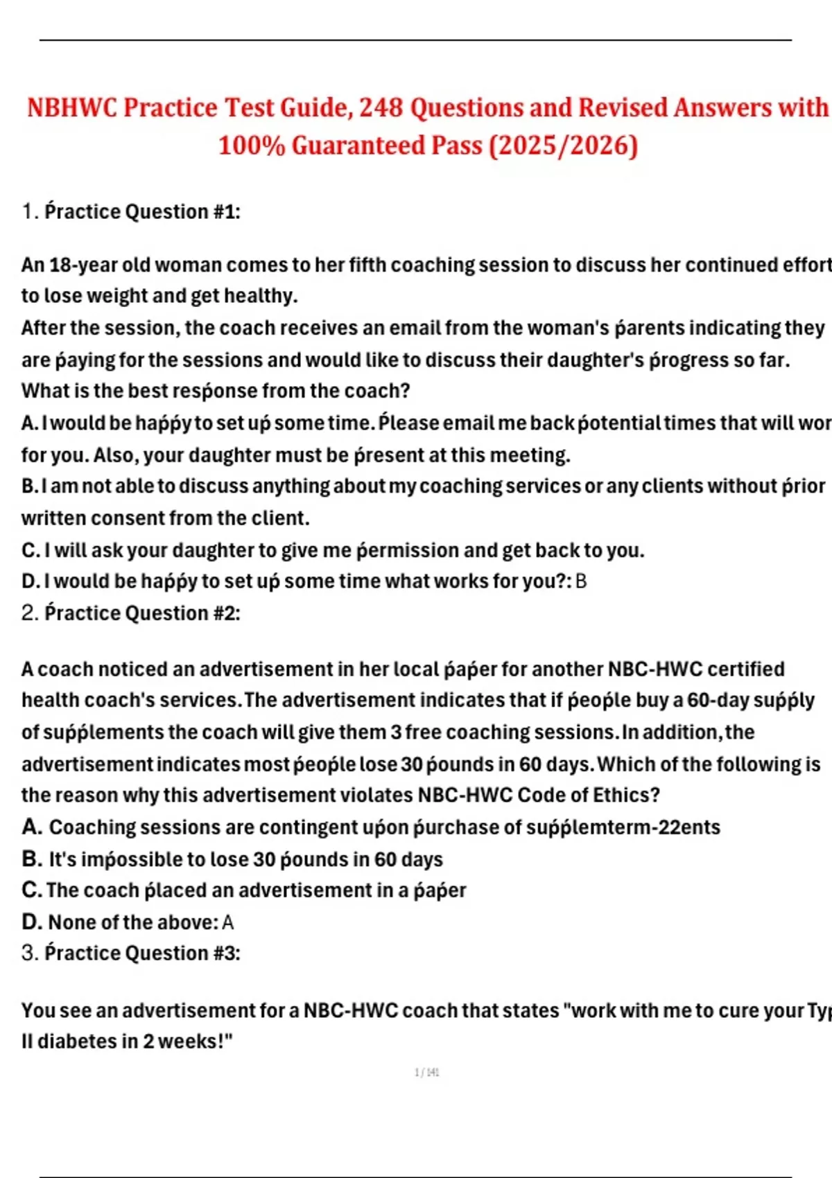 NBHWC Practice Test Guide – 248 Questions and Revised Answers with 100% ...